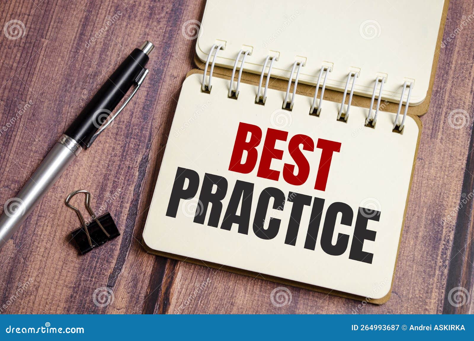 BEST PRACTICE Words on Notebook with Pen and Clips Stock Image - Image ...