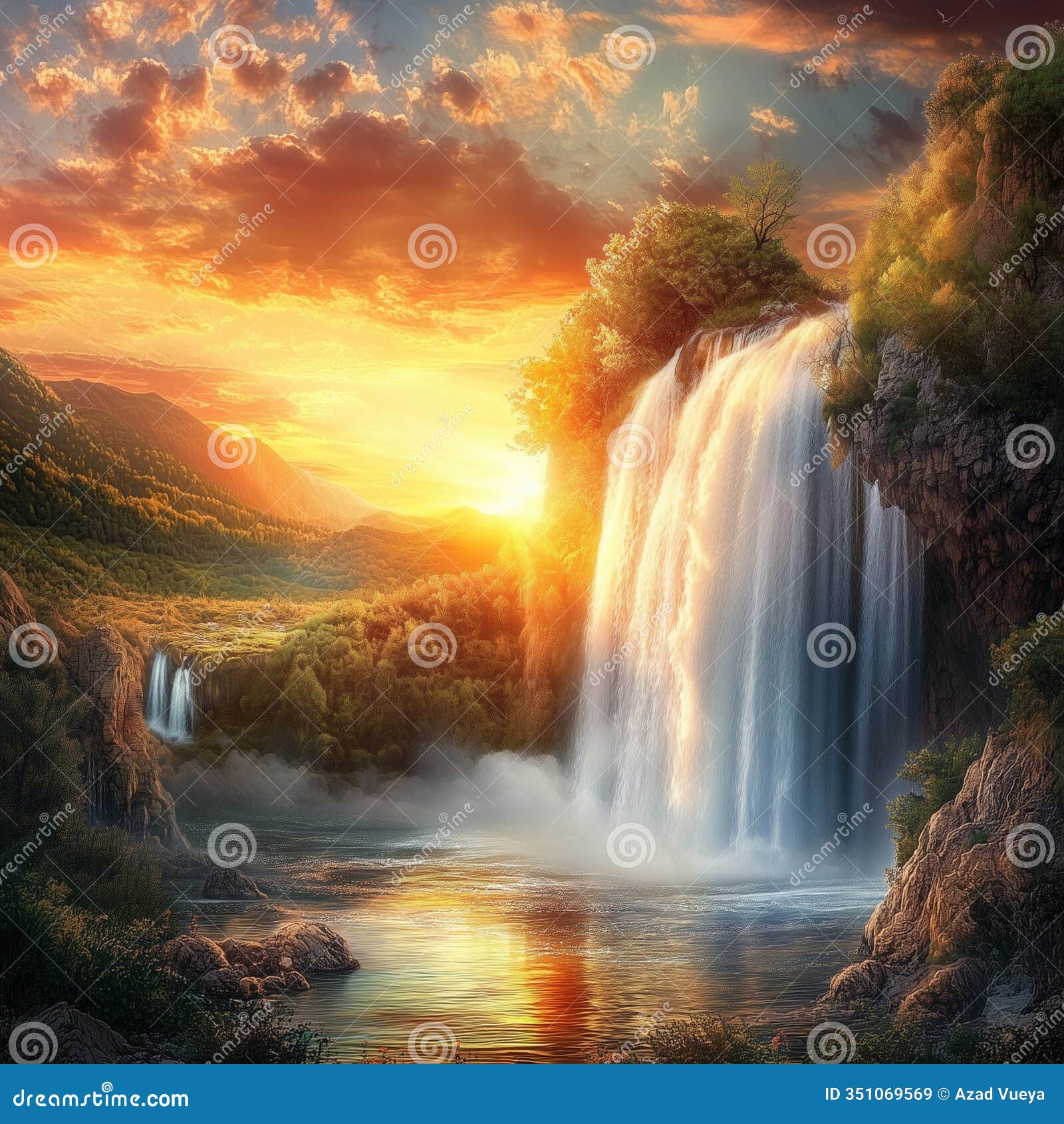 Best Scenery of Waterfall in the Sunset Glorious Stock Illustration ...