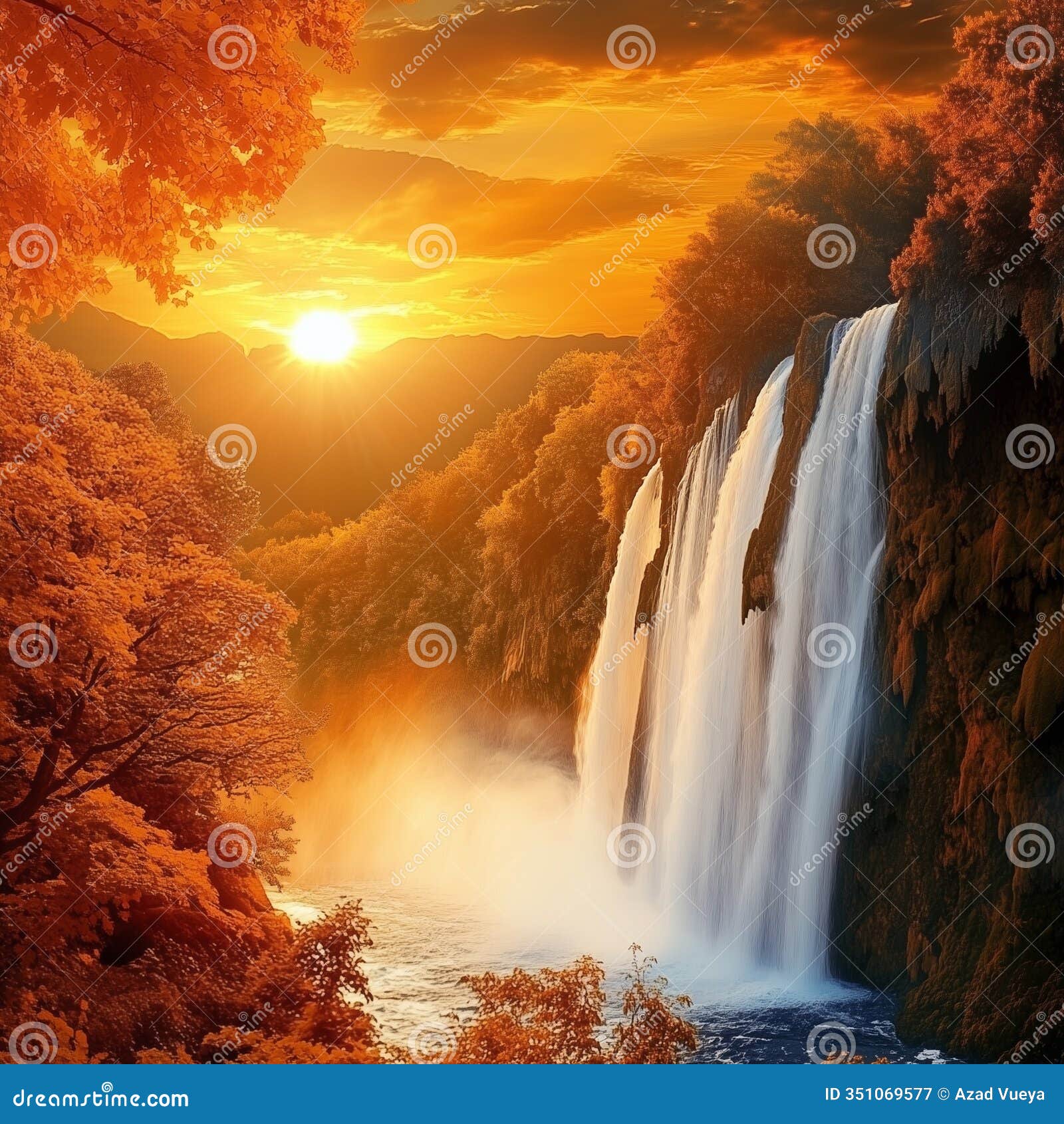 Best Scenery of Waterfall in the Sunset Glorious Stock Illustration ...
