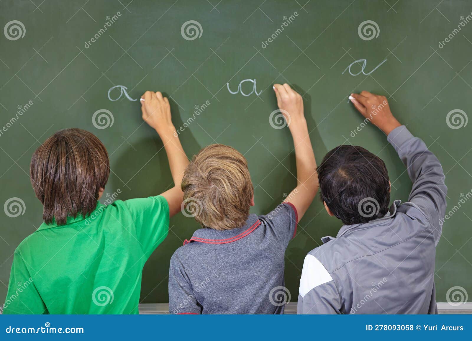 The Best Way To Learn. Three Children Writing on a Black Board. Stock ...