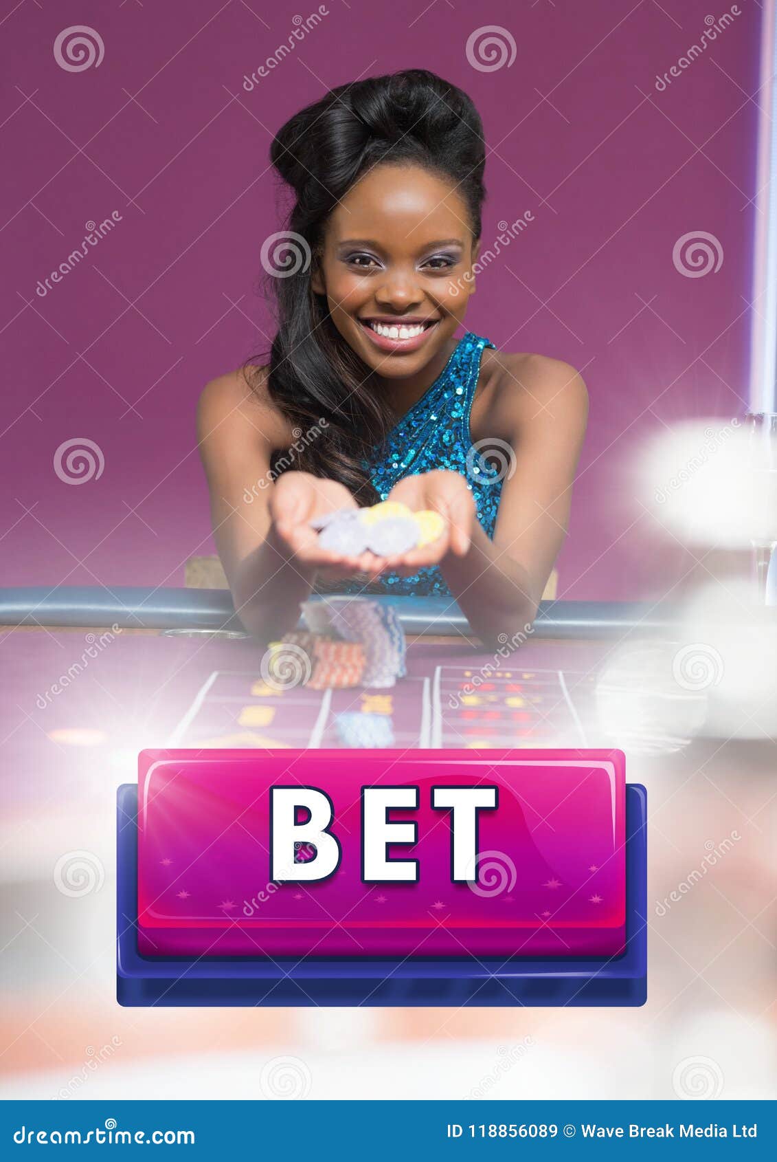 Bet Button and Woman Opening Hands Stock Image - Image of game, chip ...