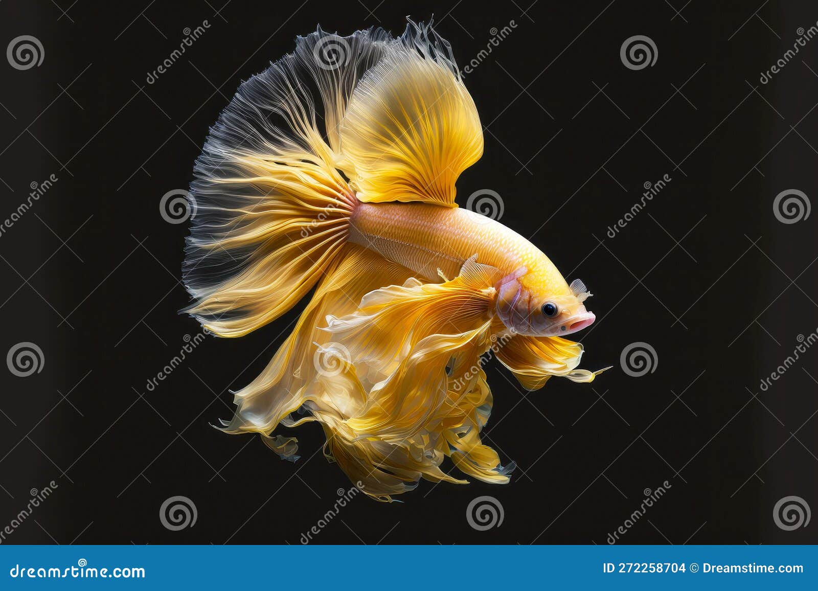 Betta Fish with Yellow Fluffy Fins on Black Background Stock ...