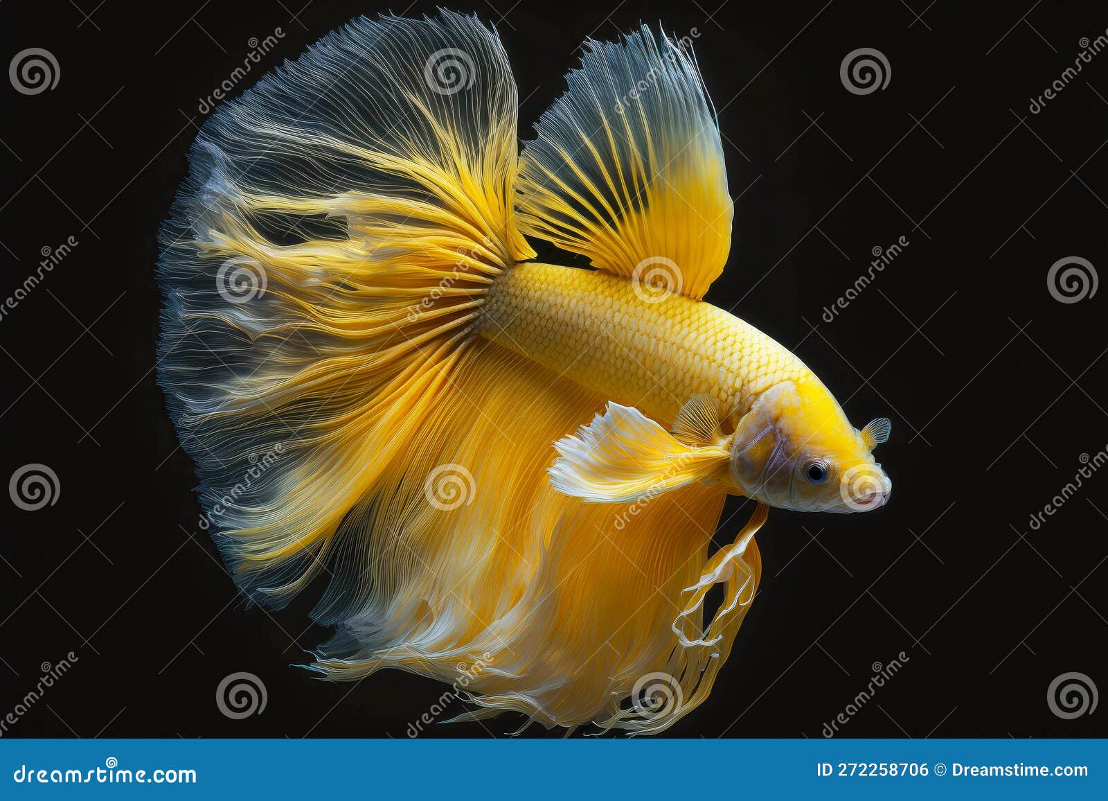 Betta Fish with Yellow Fluffy Fins on Black Background Stock ...