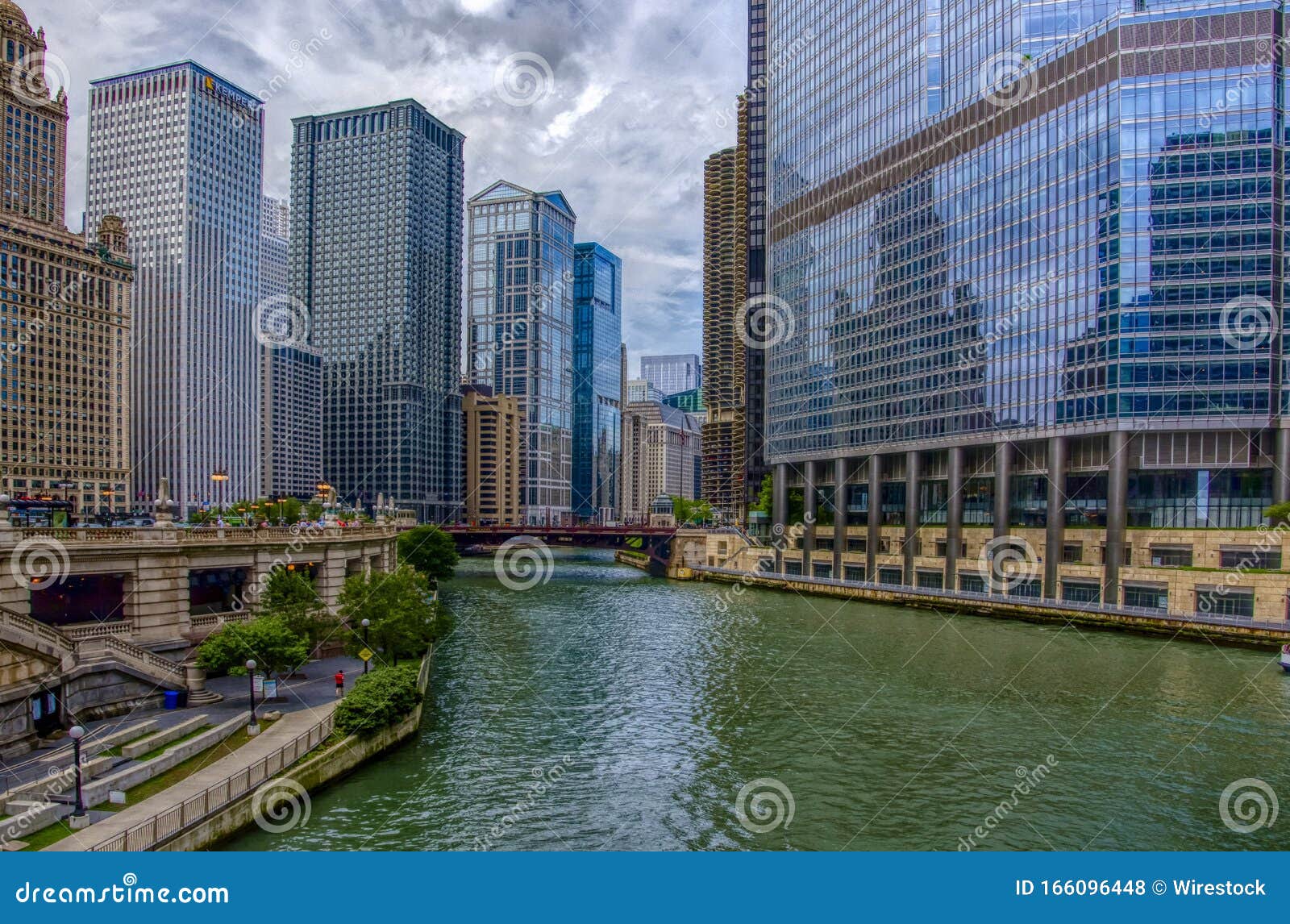 Beutiful Scenery of a River between High Buildings with Mirror Windows ...