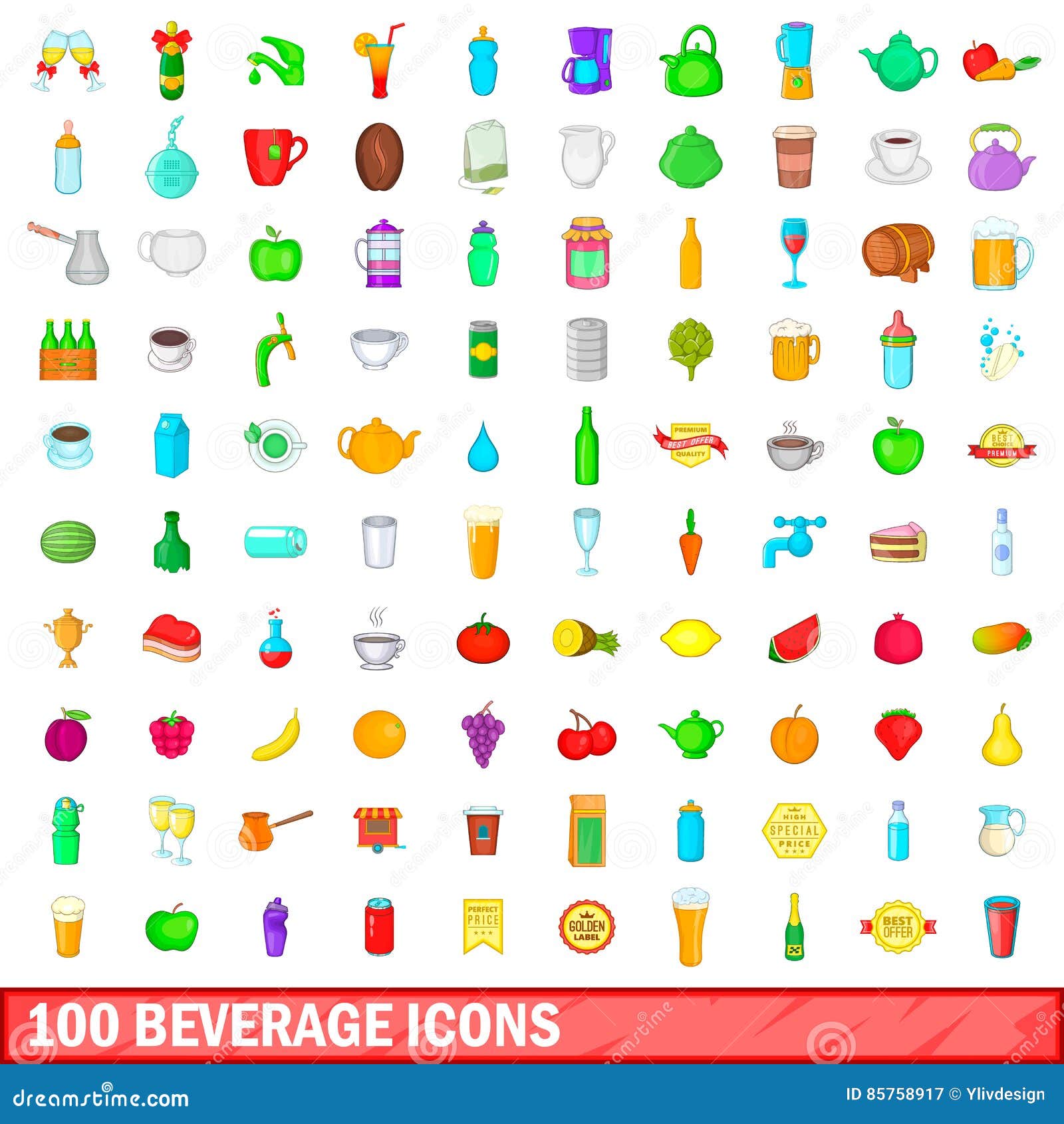 100 Beverage Icons Set, Cartoon Style Stock Vector - Illustration of ...