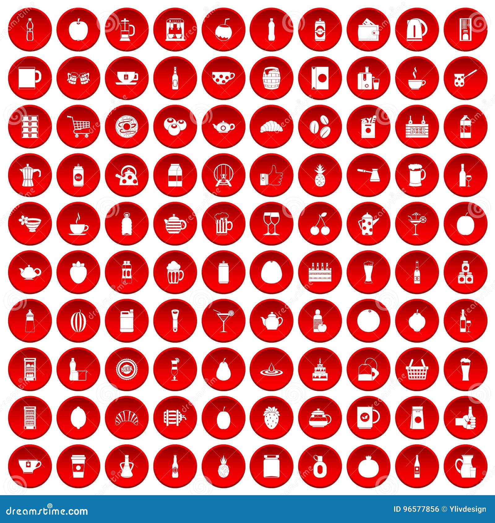 100 beverage icons set red stock vector. Illustration of icons - 96577856