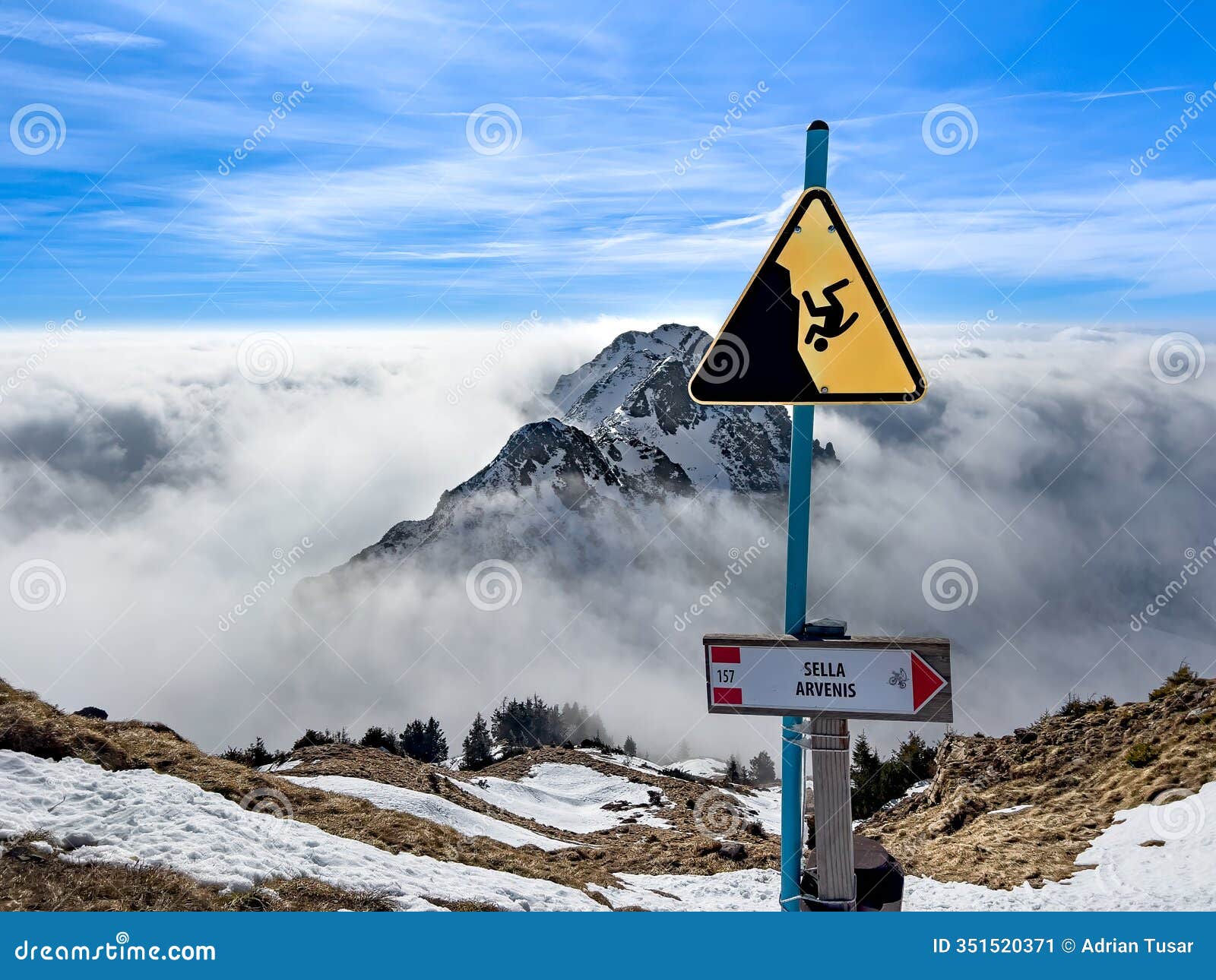 Beware of Falling Sign at the Cliff Side Stock Image - Image of clouds ...
