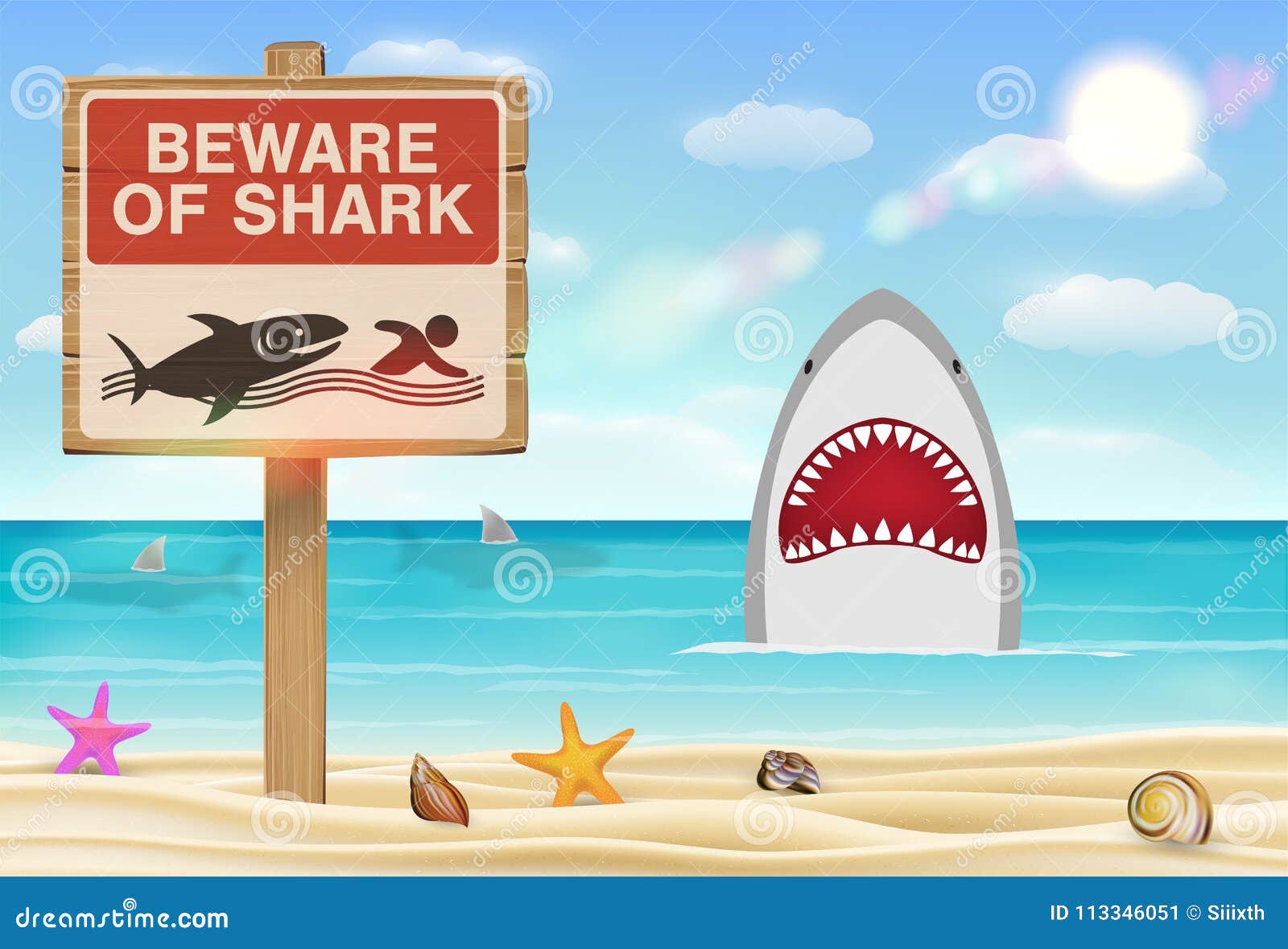 Beware of Shark Sign on Sea Sand Beach Stock Vector - Illustration of ...