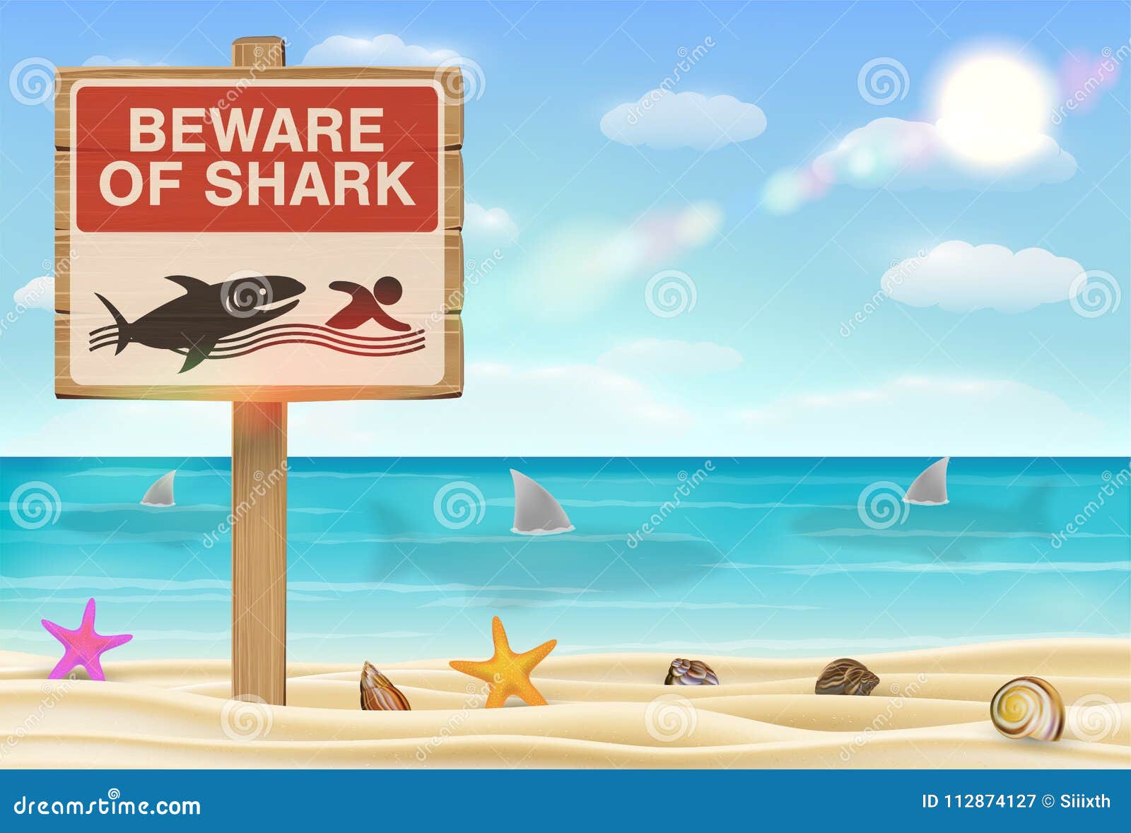 Beware Of Shark Sign On Sea Sand Beach Cartoon Vector | CartoonDealer ...