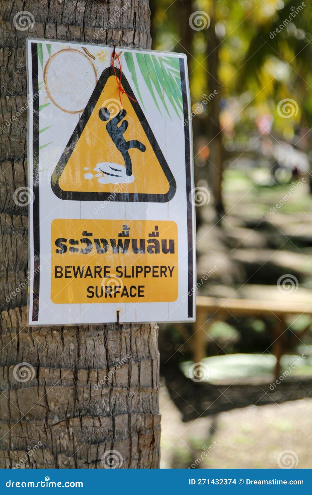 A Beware Slippery Surface Sign Placed on Tree Stock Photo - Image of ...