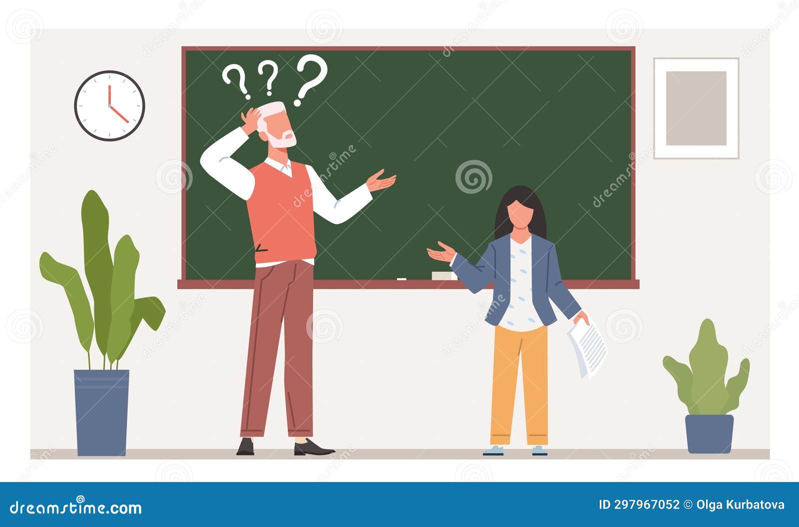 Bewildered Teacher Stands At Blackboard Confused Man With Question