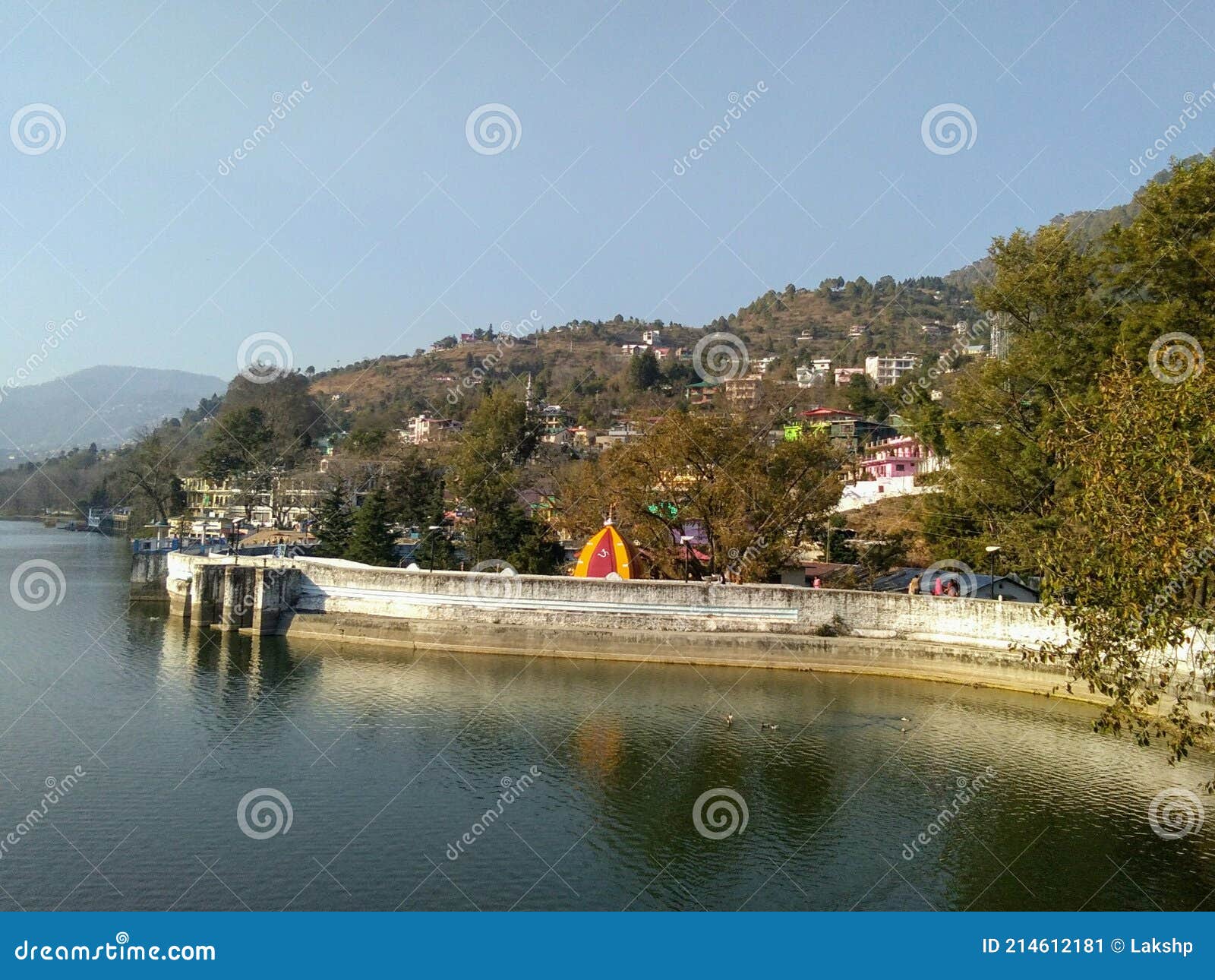 Bhimtal lake. stock image. Image of coast, water, trees - 214612181