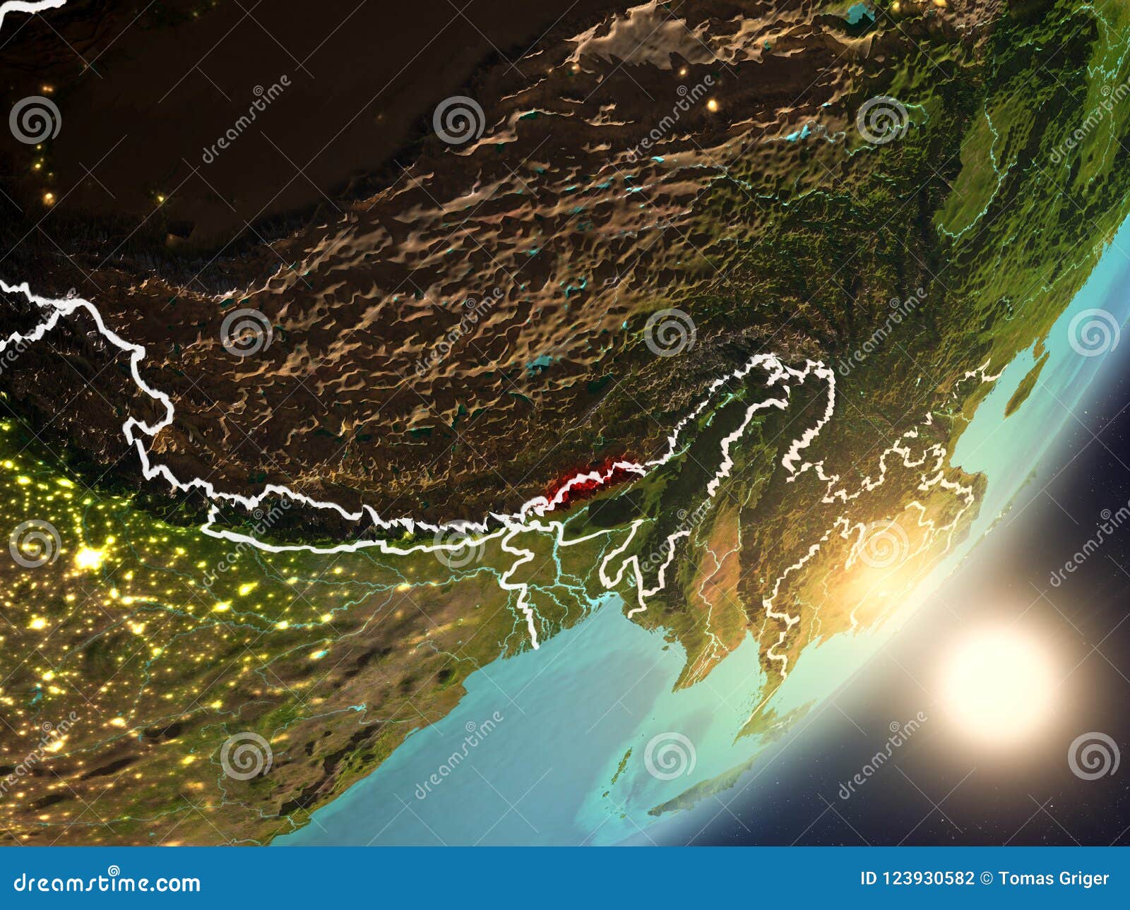 Sun Rising Above Bhutan from Space Stock Illustration - Illustration of ...
