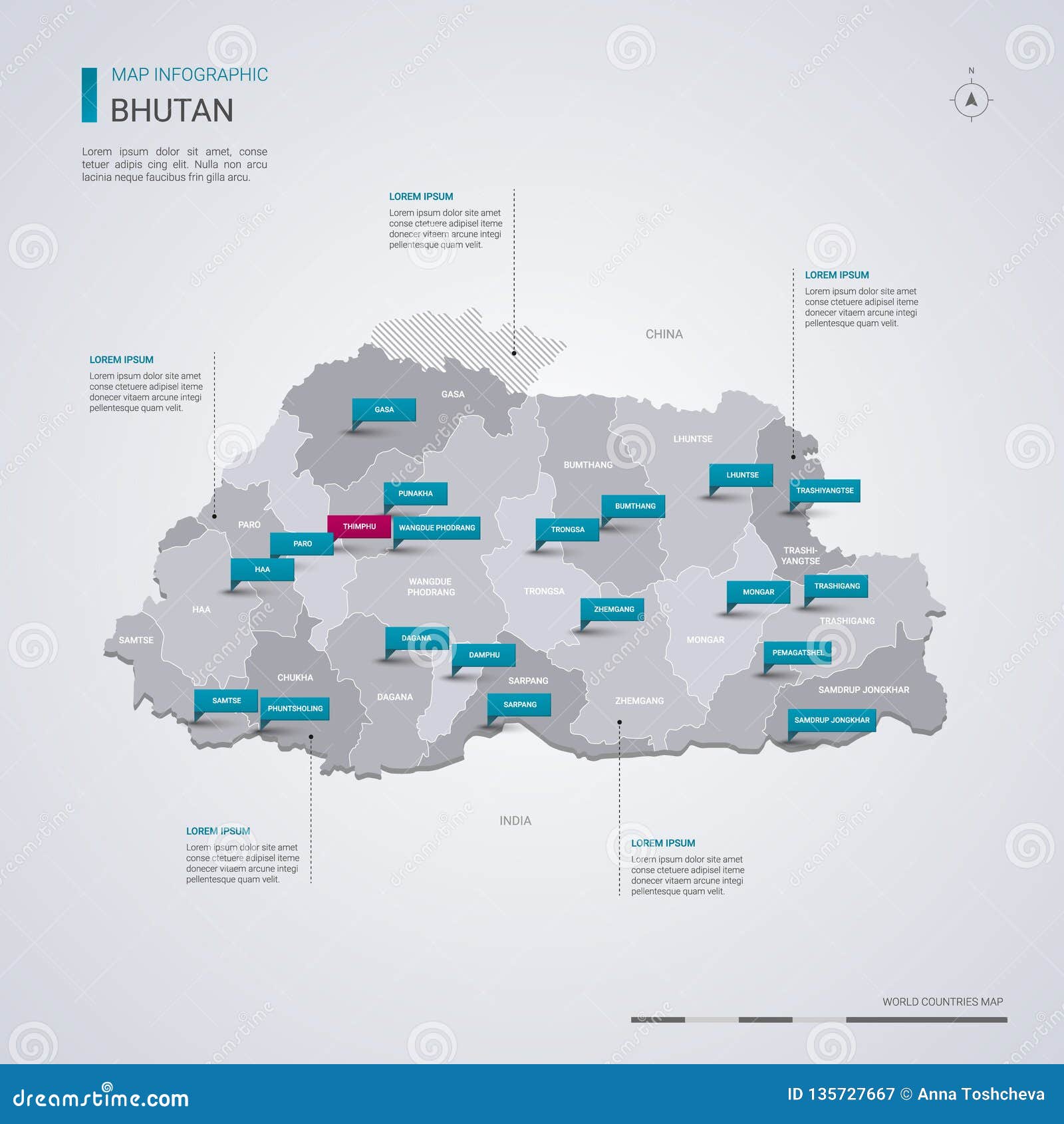 Bhutan Vector Map with Infographic Elements, Pointer Marks Stock Vector - Illustration of border ...