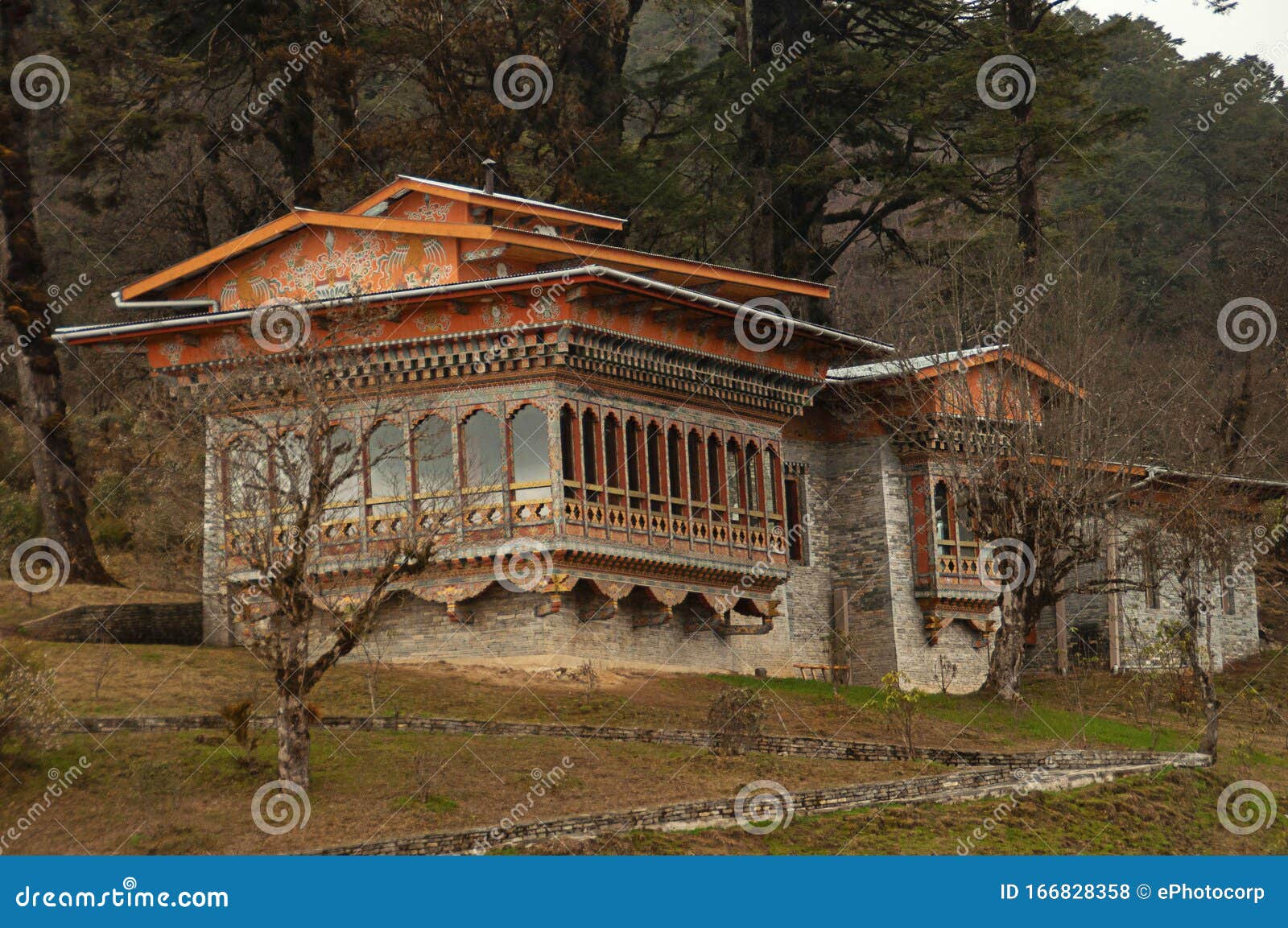 Bhutanese Style Building, Thimpu, Bhutan Stock Photo - Image of labels ...