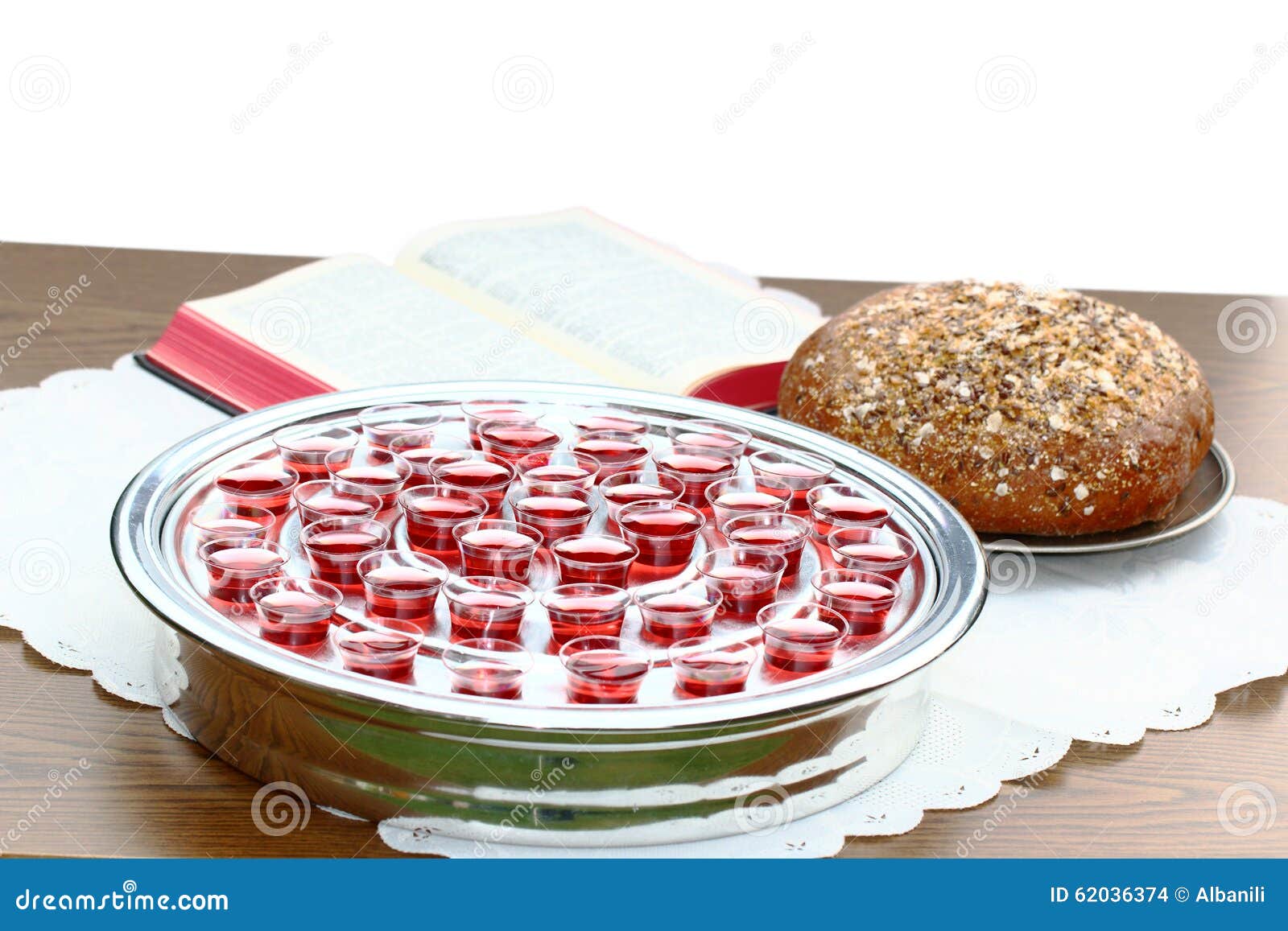 Bible, and Communion Silver Plate with Bread. Stock Photo - Image of ...