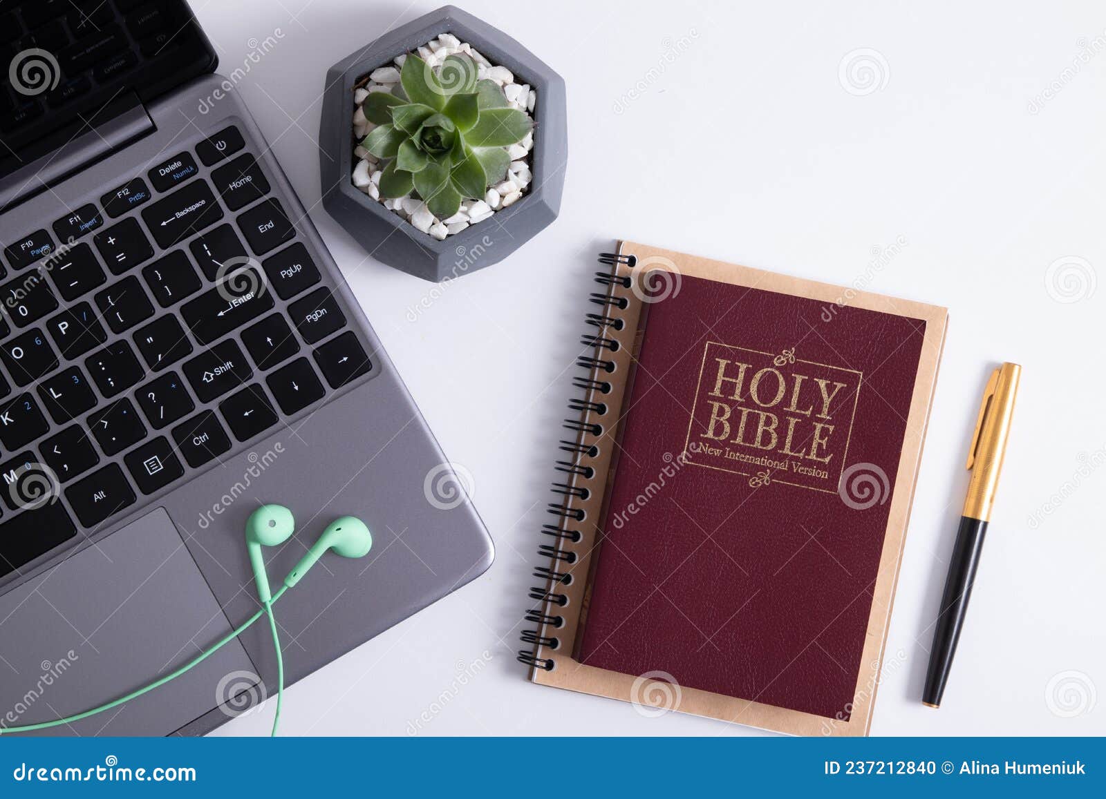 Bible and Laptop on the Work Table with Headphones. Bible Study Online ...
