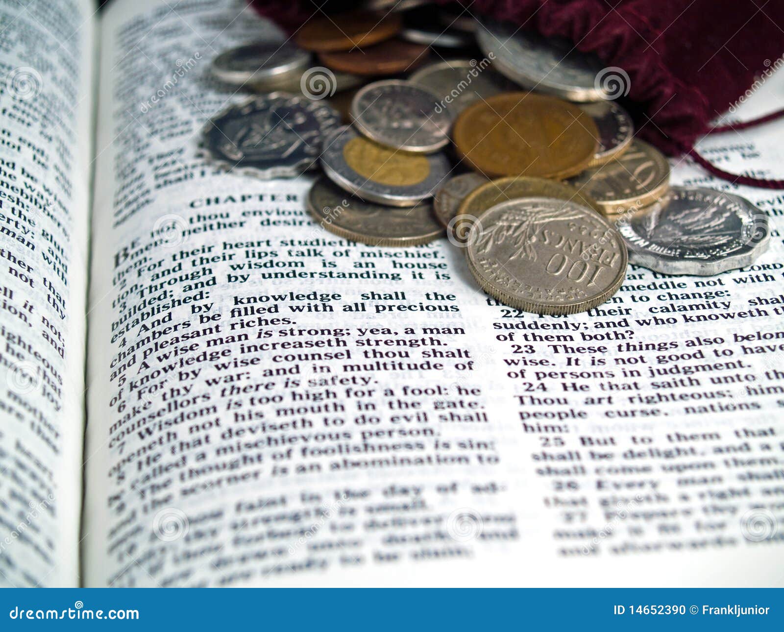 Bible Opened To the Book of Proverbs with Coins Stock Photo - Image of ...