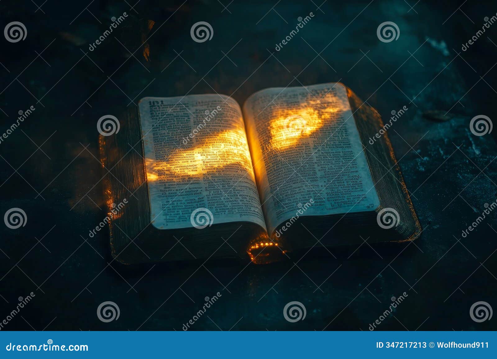 A Bible Resting Open on a Dark, Shadowy Surface, with Rays of Golden ...