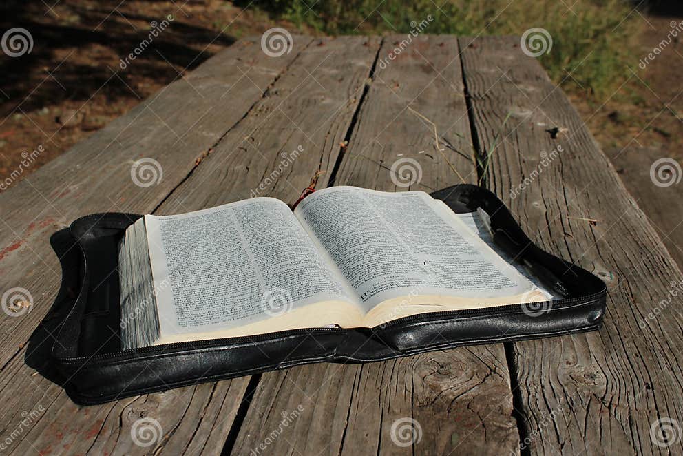 Bible on Wood Table stock image. Image of bible, open - 27090471