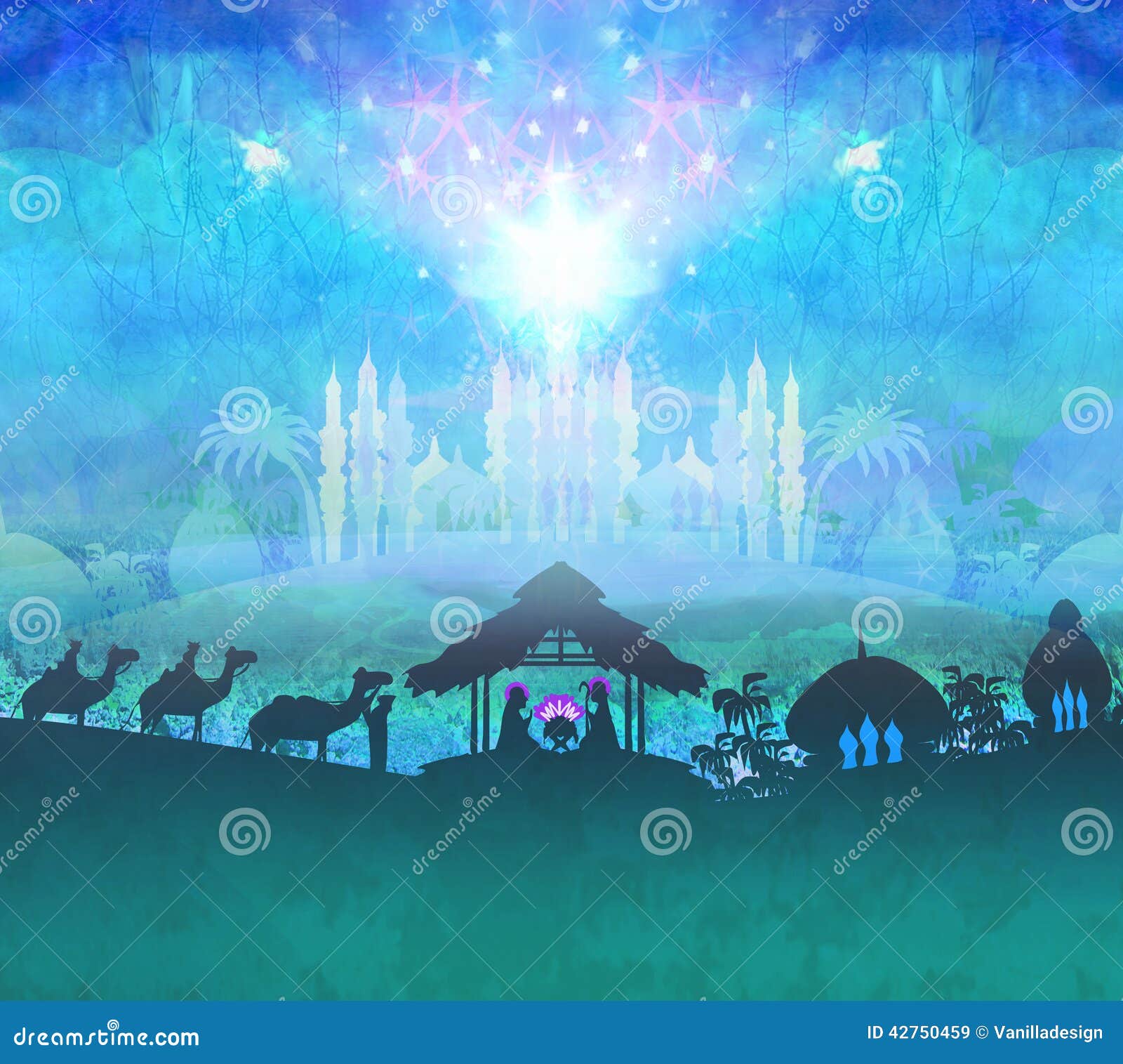 Biblical Scene - Birth of Jesus in Bethlehem. Stock Illustration ...