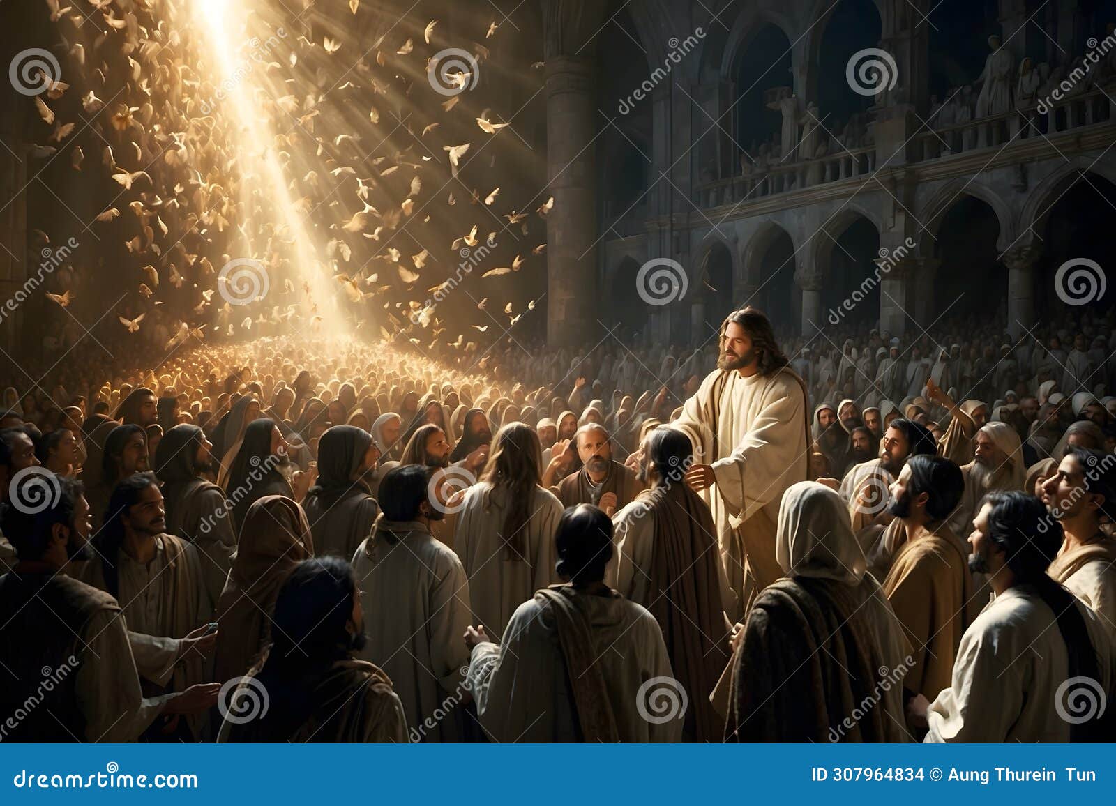 A Biblical Scene of Jesus Feeding the Multitudes Stock Illustration ...