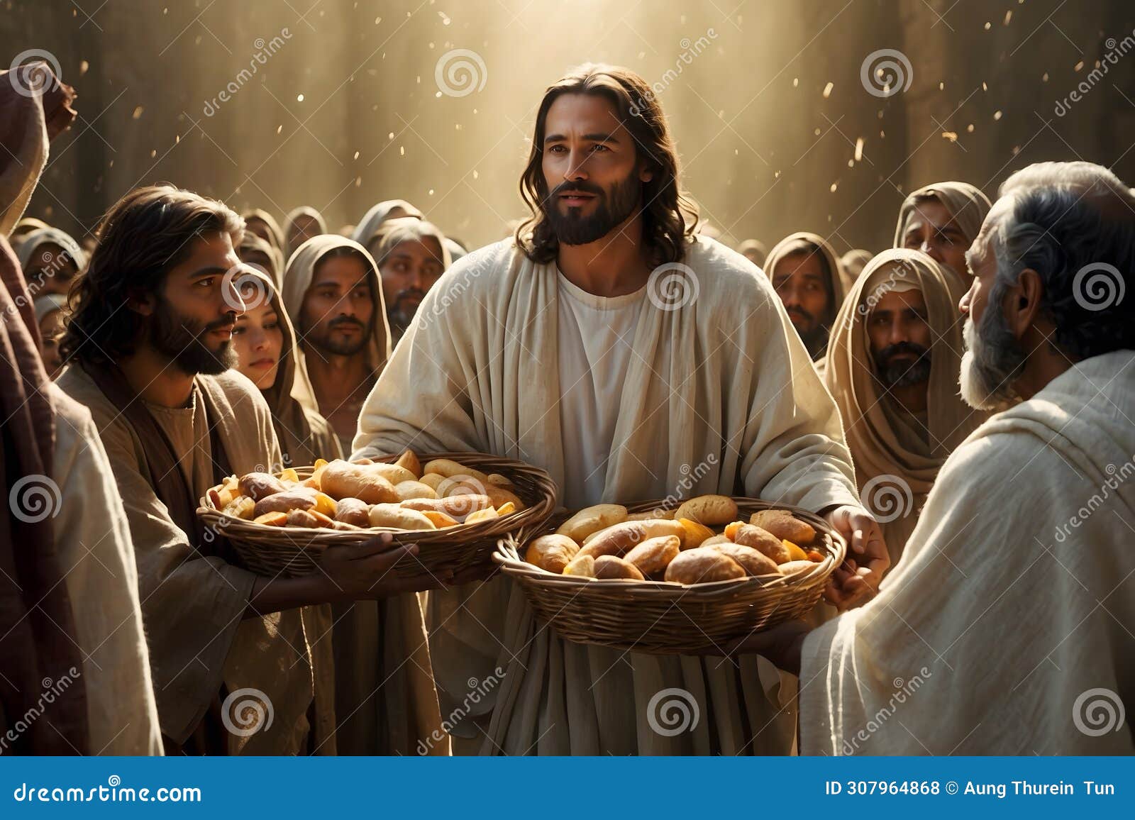 Jesus Feeding the Multitudes As in Bible Stock Illustration ...