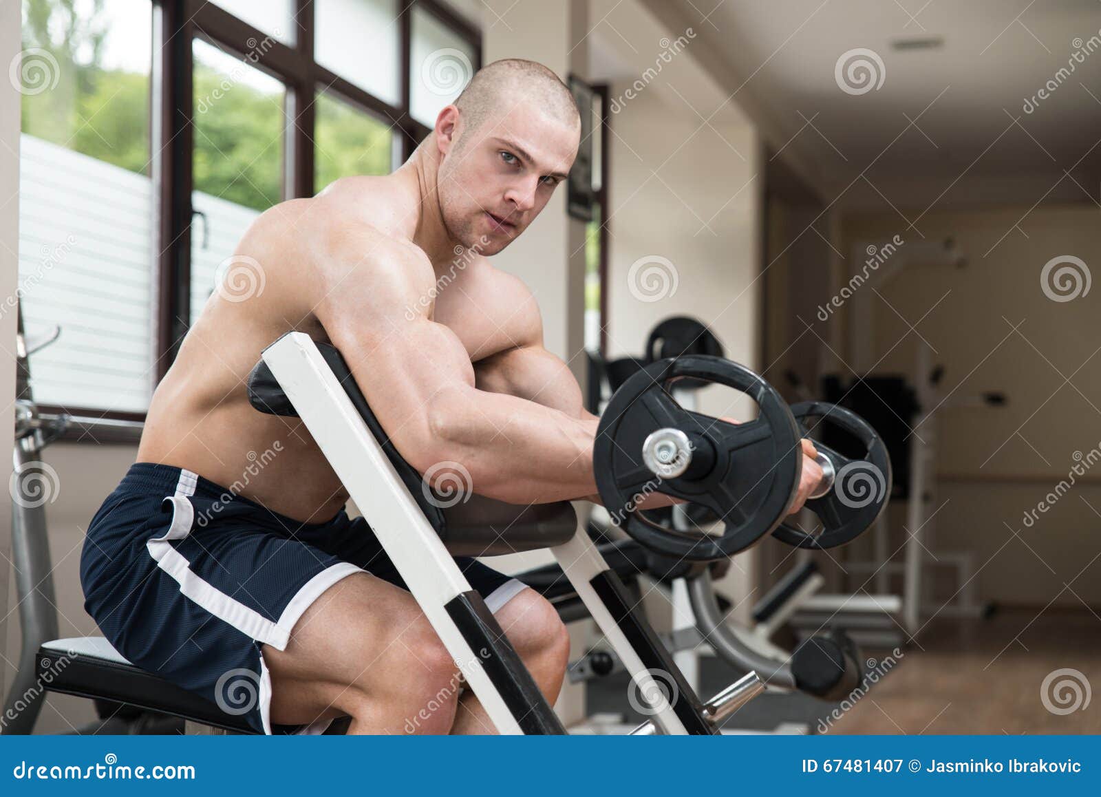 Biceps Exercise with Barbell Stock Image - Image of conscious, muscular ...