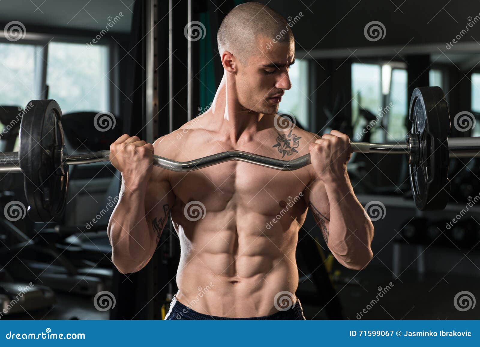 Biceps Exercise with Barbell Stock Image - Image of muscular, indoors ...