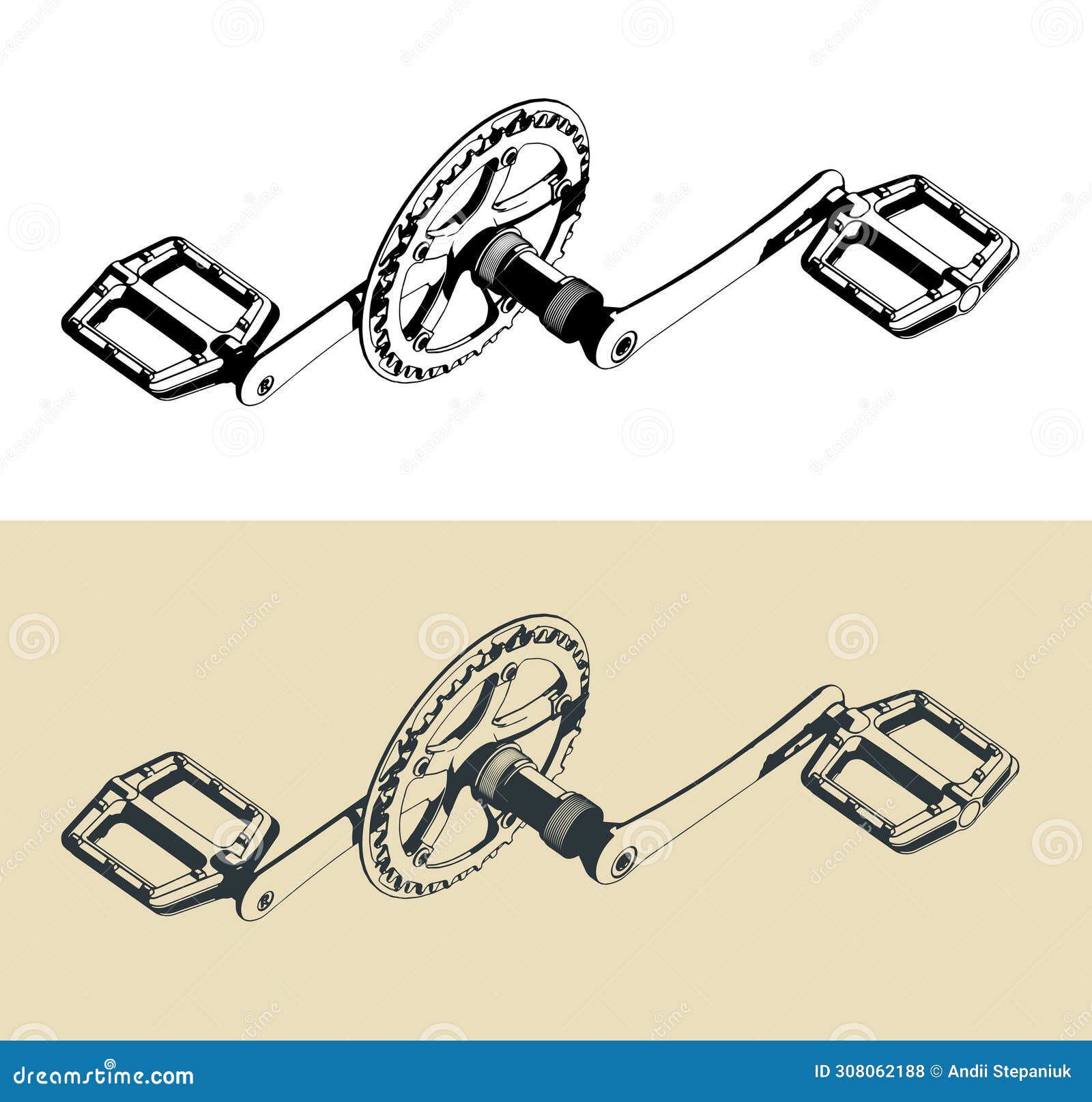 Bicycle Crankset With Pedals Technical Drawings Cartoon Vector ...