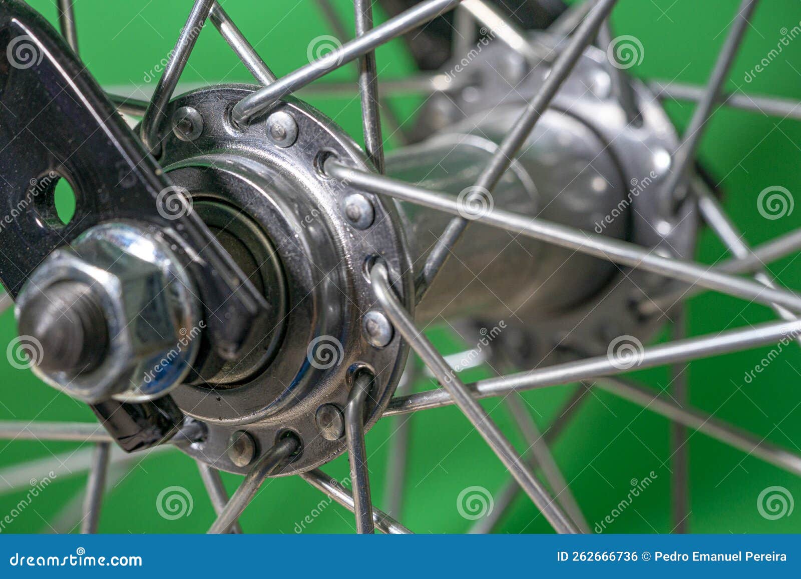 Bicycle Front Wheel Hub with Spokes Fitting Detail on Green Background ...