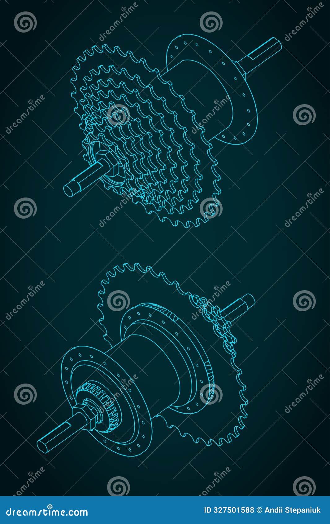 Bicycle Hub with Cassette Isometric Technical Drawings Stock ...