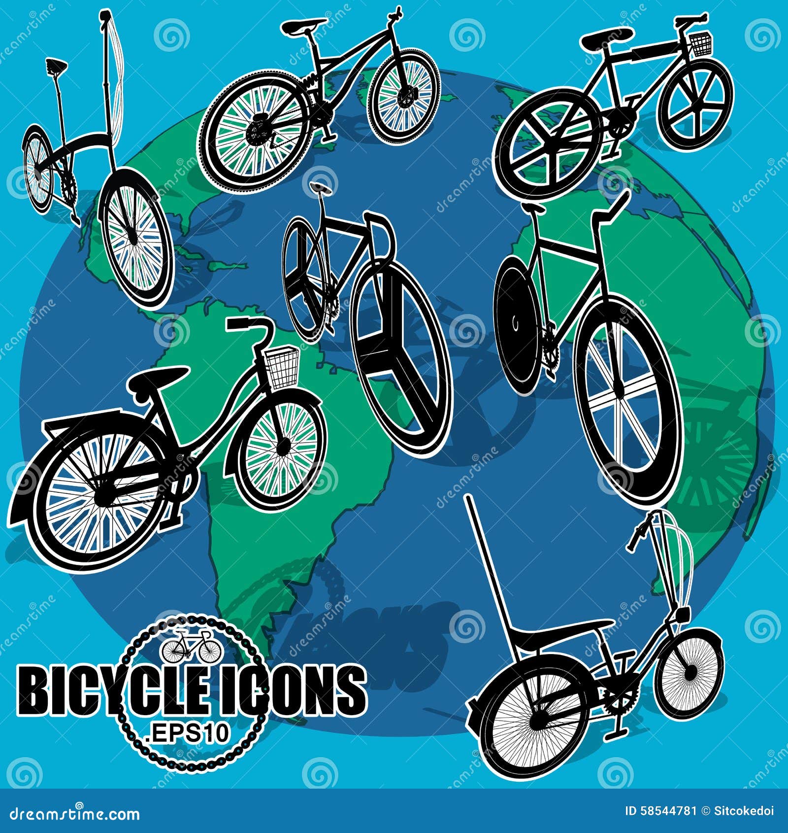 Bicycle Icons on World Map. Stock Vector - Illustration of black, line ...