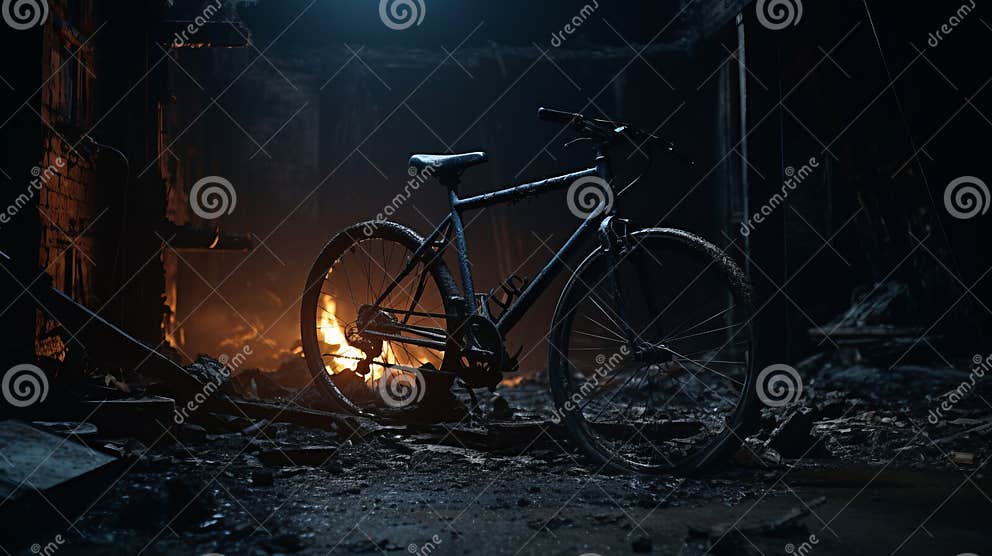 Psychological Horror: Ruined Bicycle in Fiery Studio Lighting Stock ...