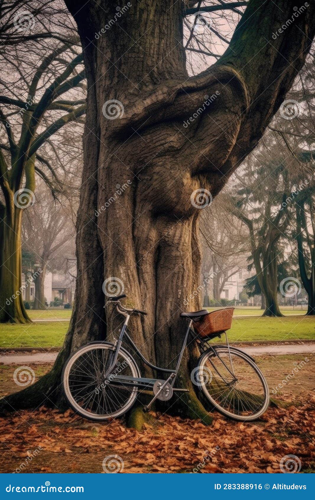 Bicycle Leaning Against a Tree in a Park Stock Illustration ...