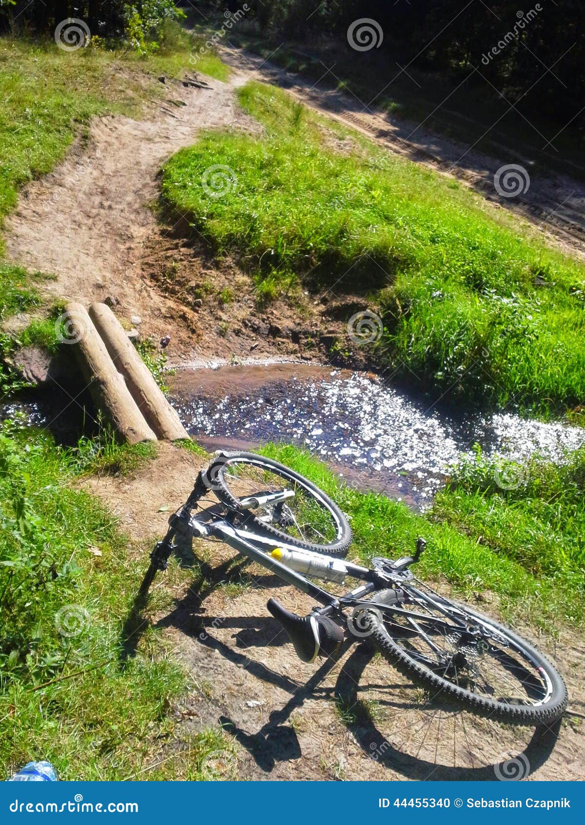 Bicycle Lying on Mountain Path Stock Photo - Image of logs, stream ...