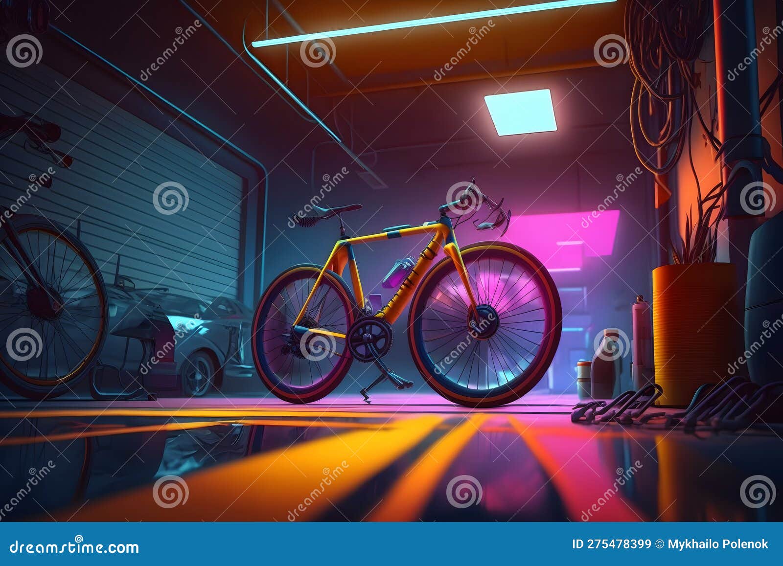 Bicycle in a Neon Garage. Neural Network AI Generated Stock Image ...