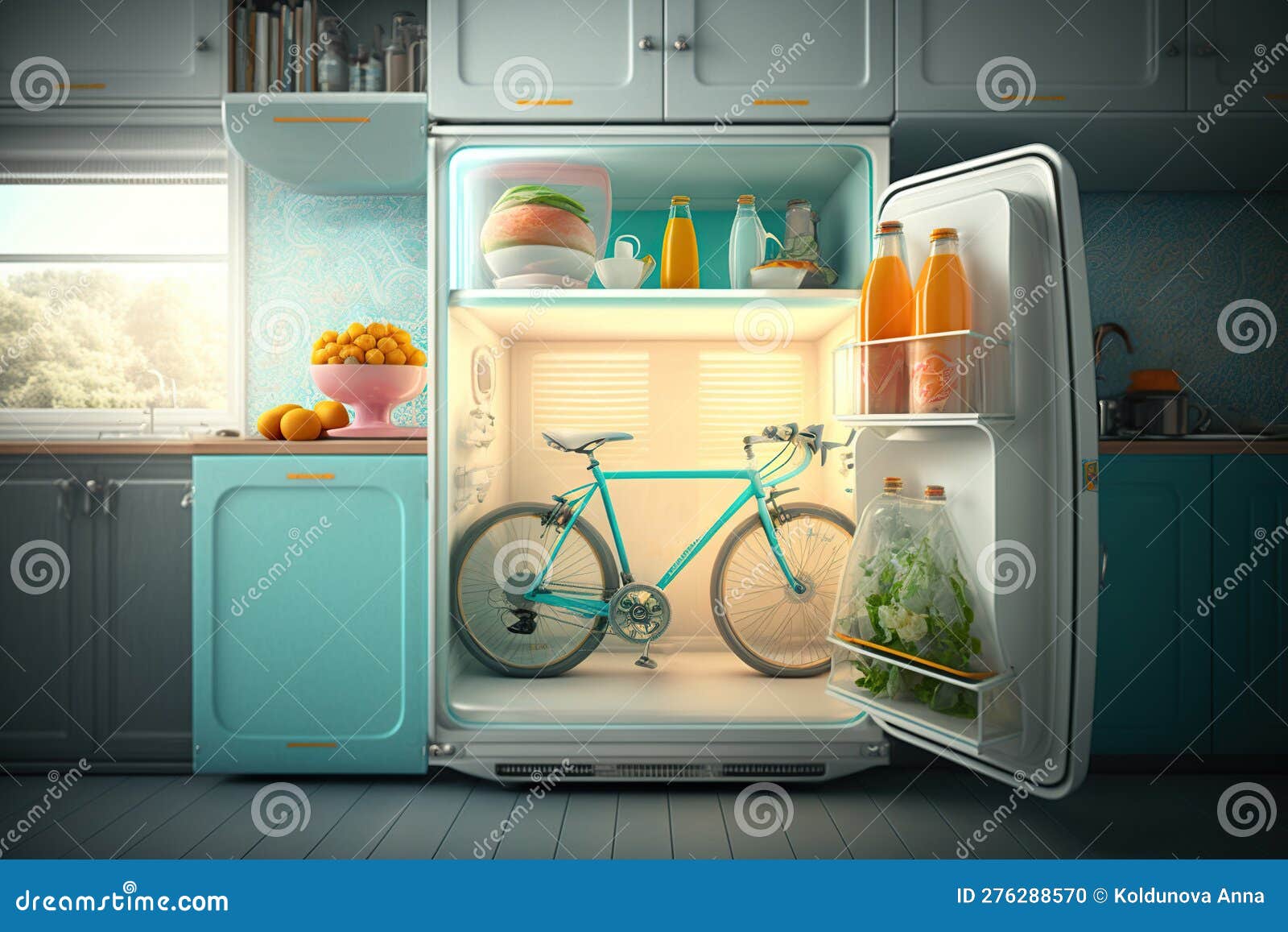 Bicycle Packed Inside Fridge in Kitchen, Created with Generative AI ...