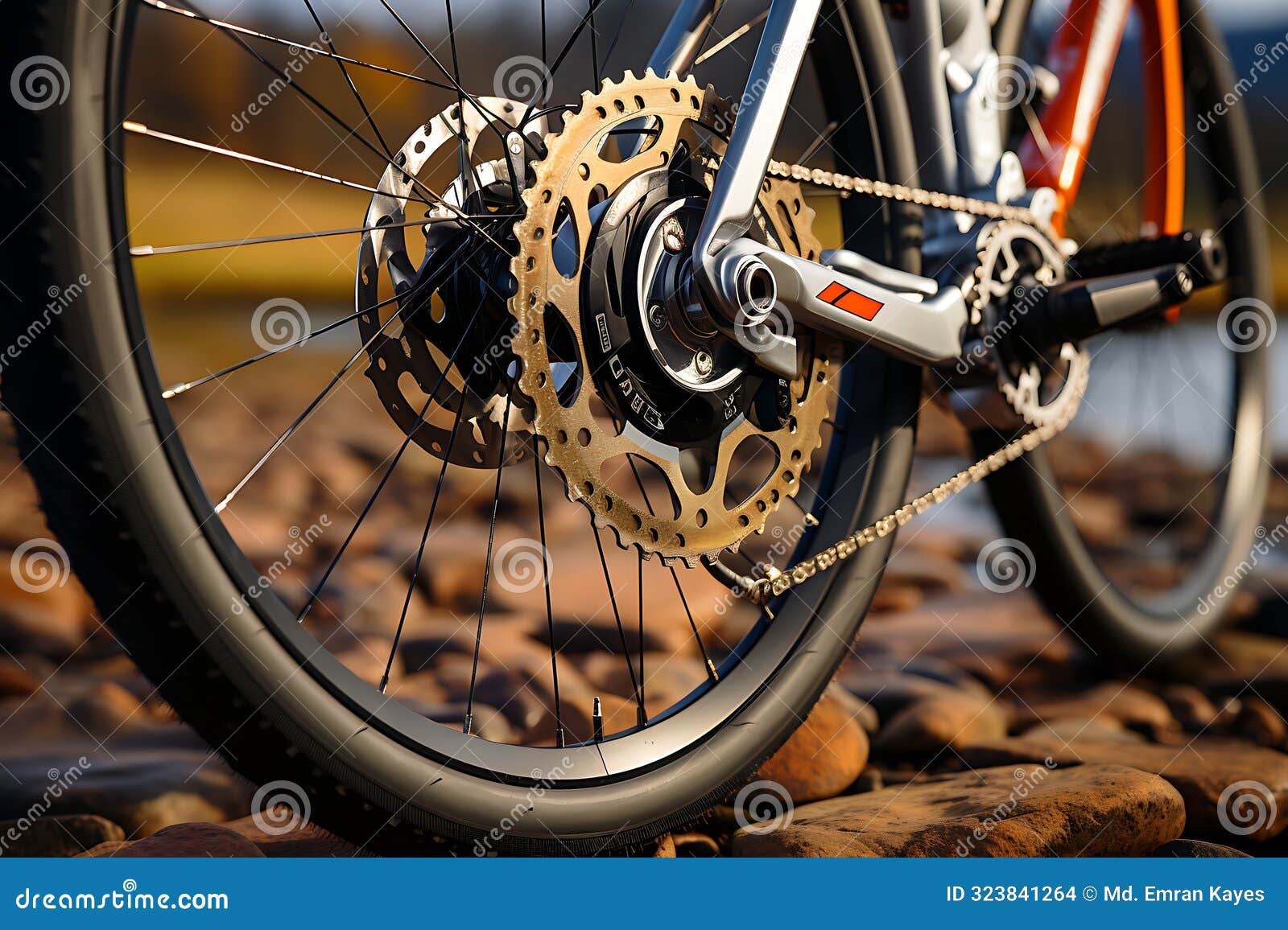 Bicycle Rear Wheel with Chain and Disc Brake on a Rocky Beach Stock ...