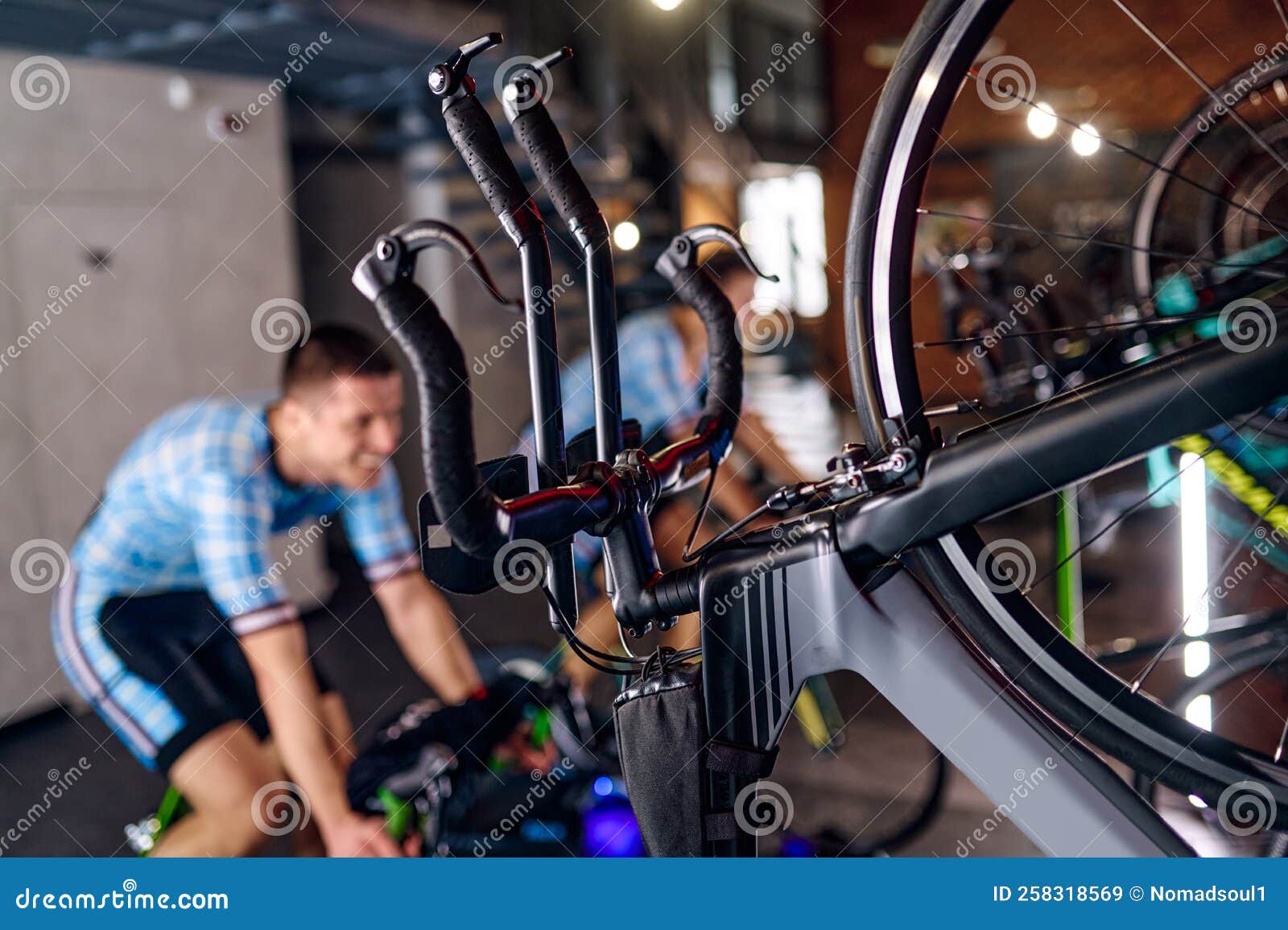 Bicycle Riding Exercise at Gym Class, View from Bicycle Handlebar Stock ...