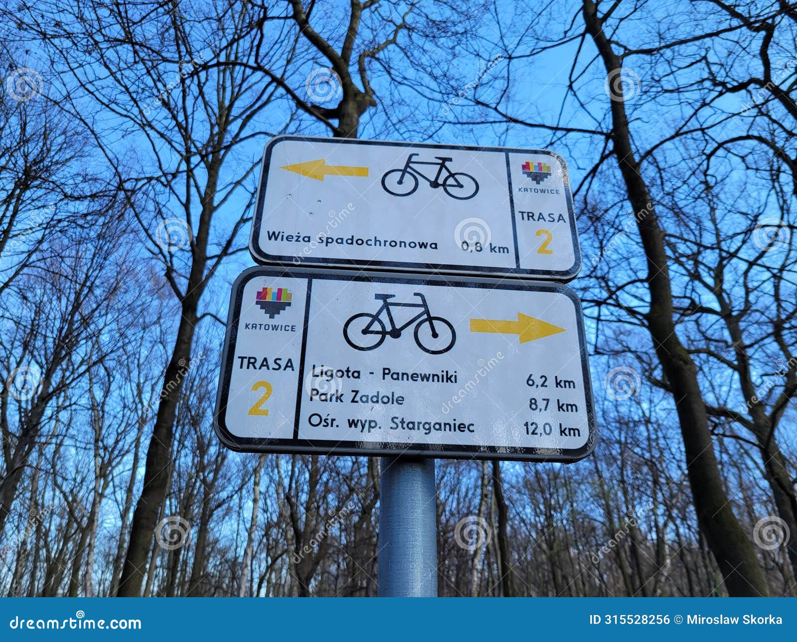 Bicycle Route Direction Signs in the Wods Around Katowice, Poland Stock ...