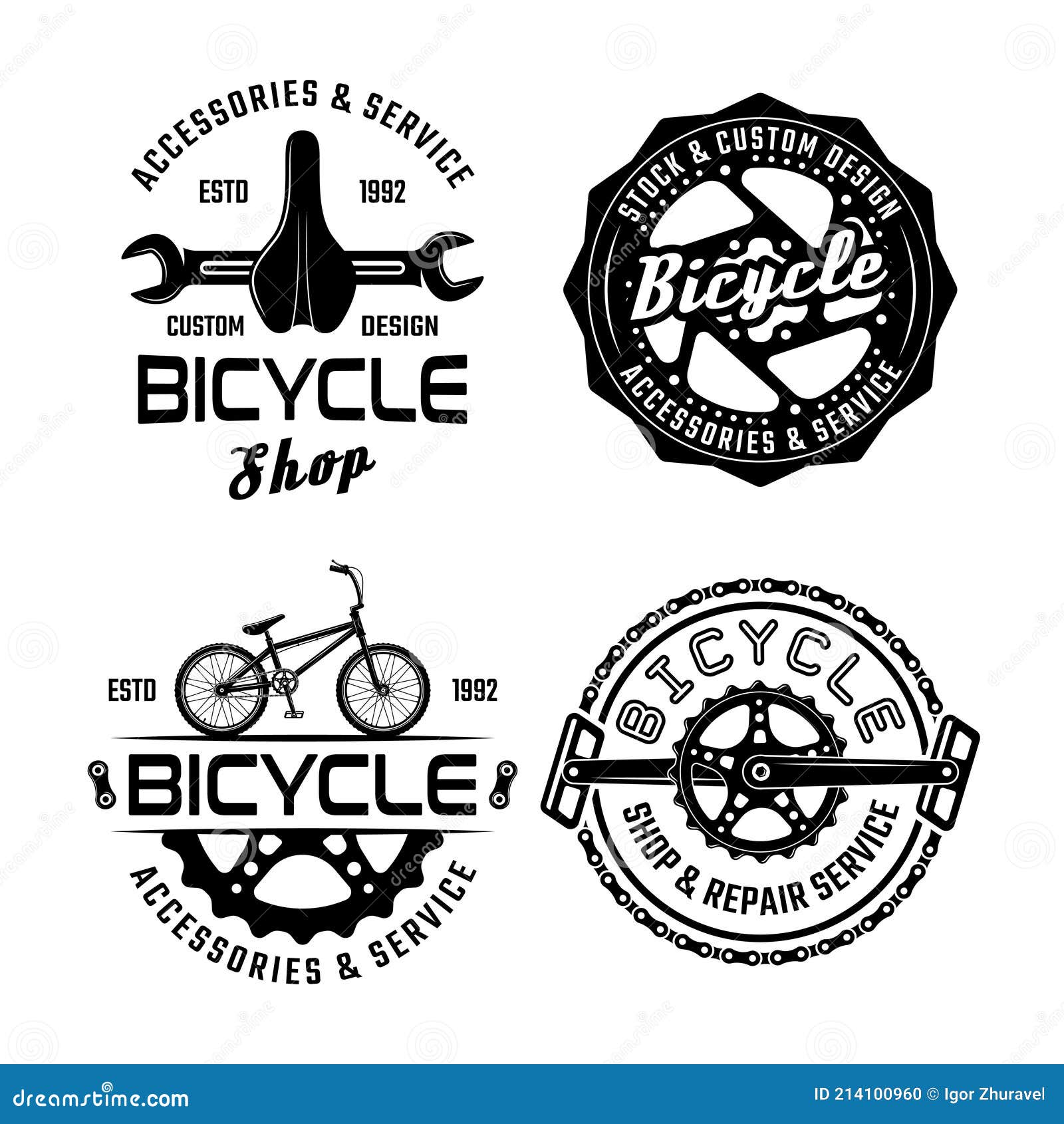 Bicycle Set of Four Vector Monochrome Emblems, Badges, Labels or Logos ...