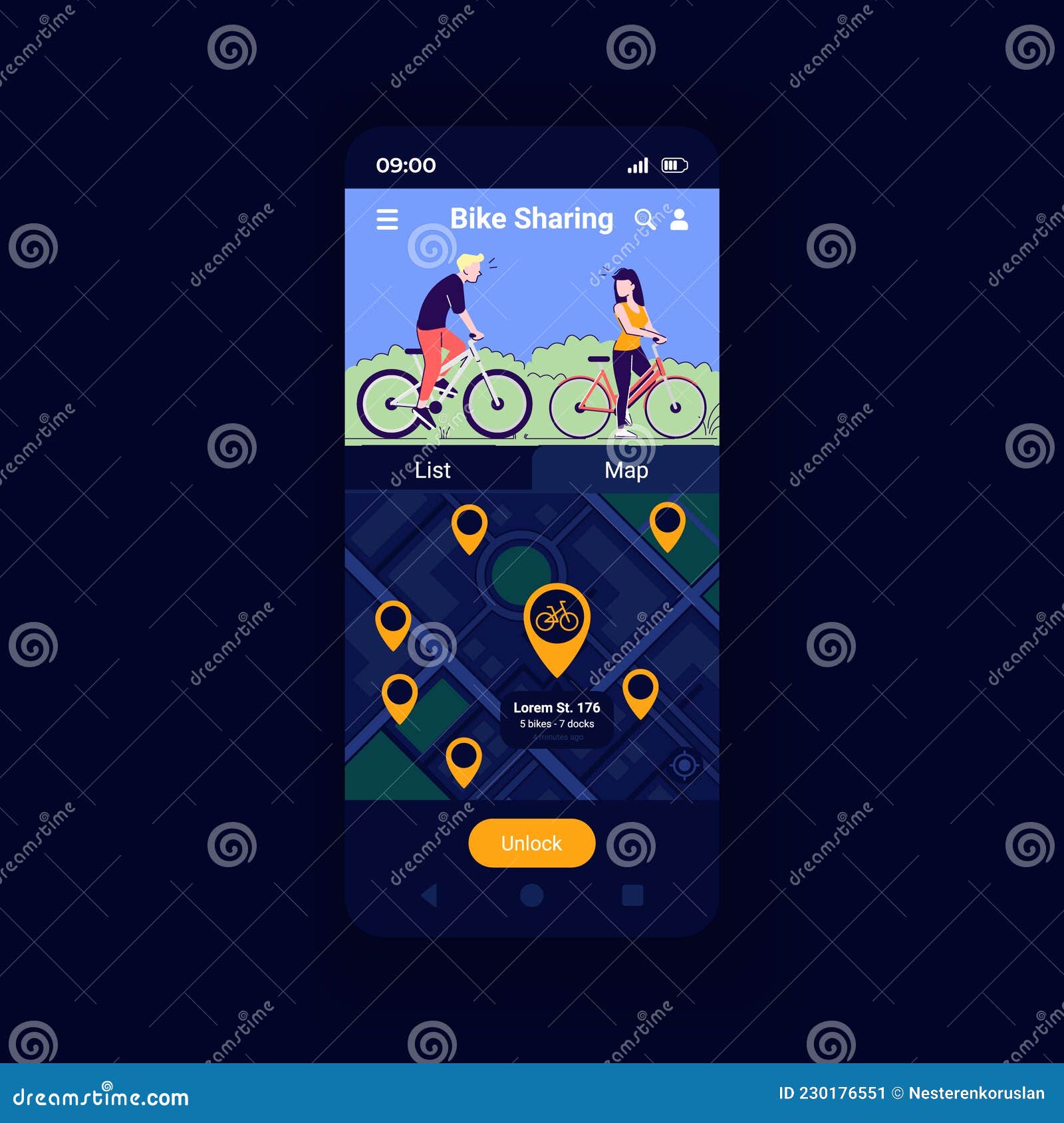 Bicycle Sharing Service App Smartphone Interface Vector Template Stock ...