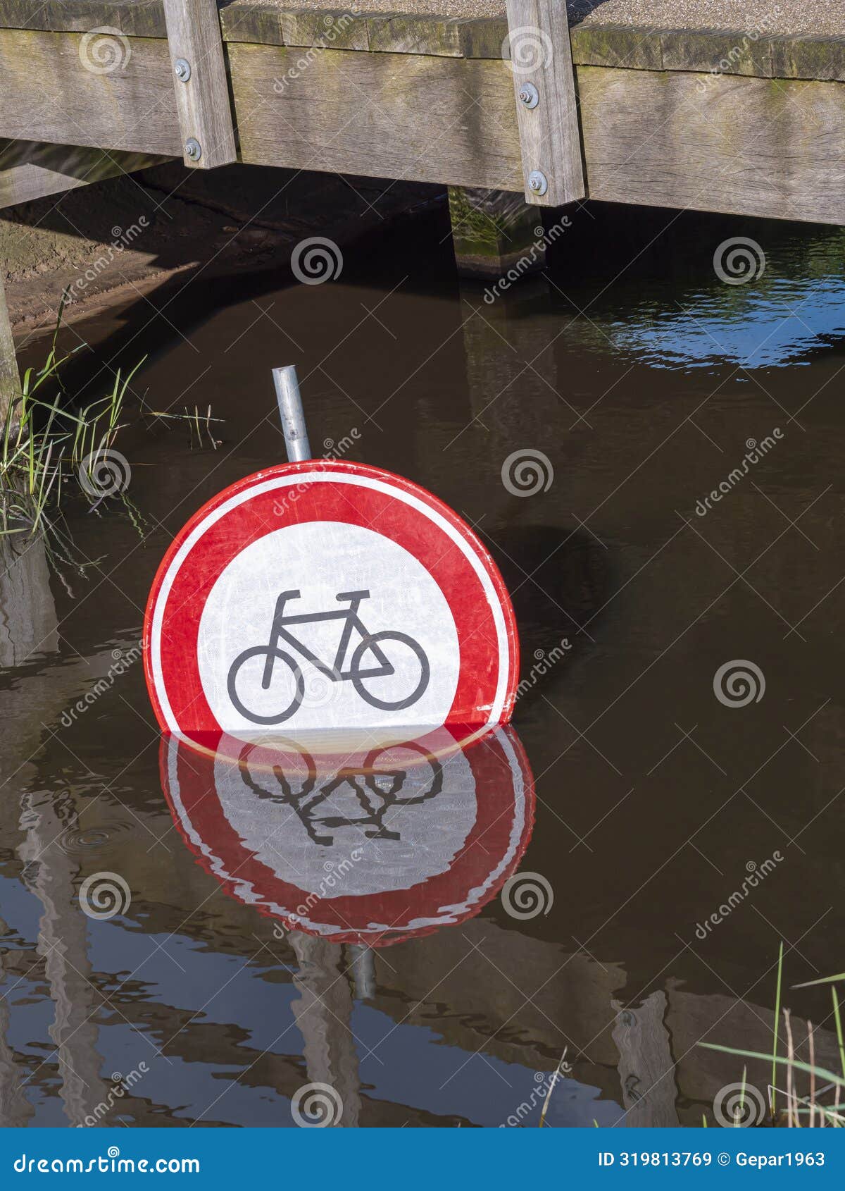 Bicycle Traffic Prohibited Sign Under a Bridge in a Water Stock Image ... Bicycle Traffic Prohibited Sign Under a Bridge in a Water Stock Image ...