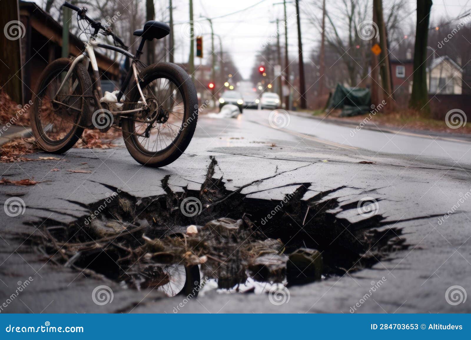 Bicycle Wheel Stuck in a Deep Pothole Stock Illustration - Illustration ...