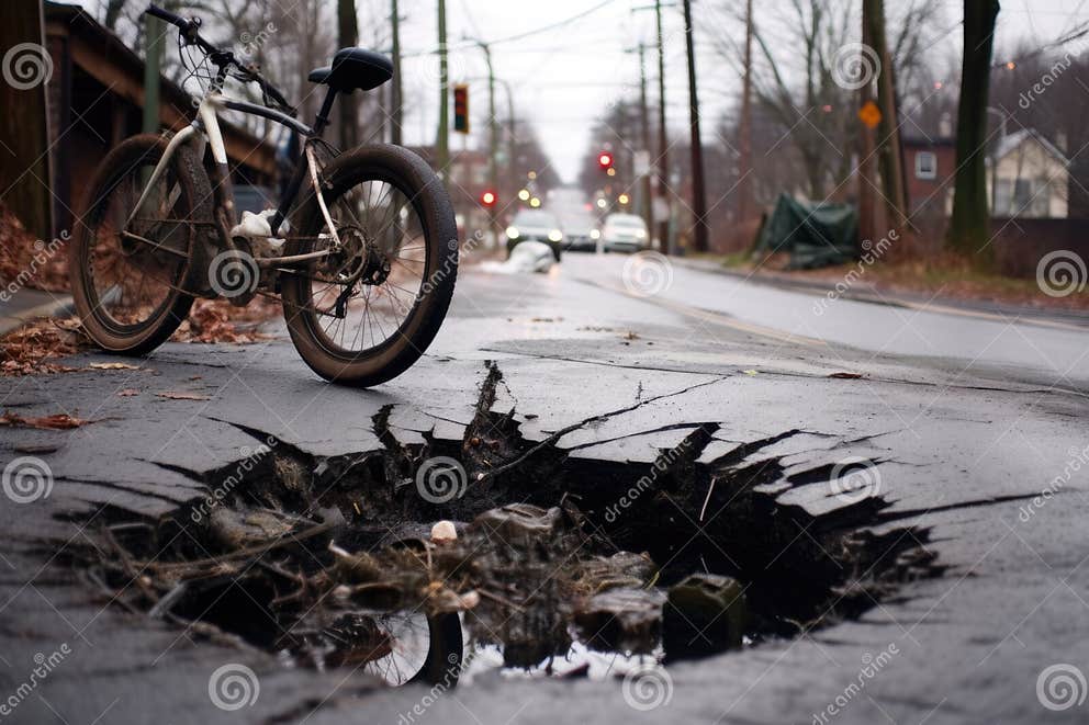 Bicycle Wheel Stuck in a Deep Pothole Stock Illustration - Illustration ...