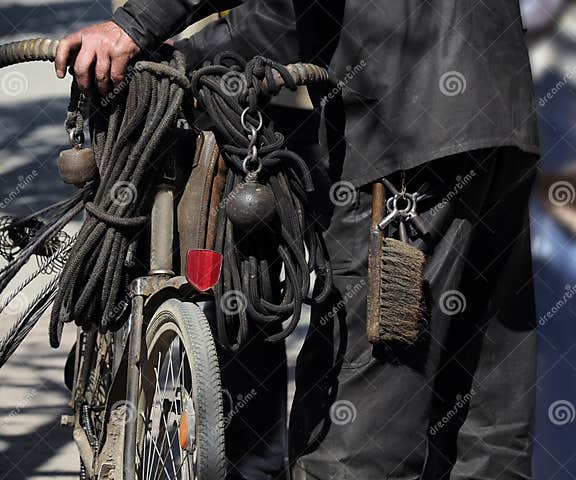 Chimney-sweep man tool stock image. Image of oven, rope - 114732385