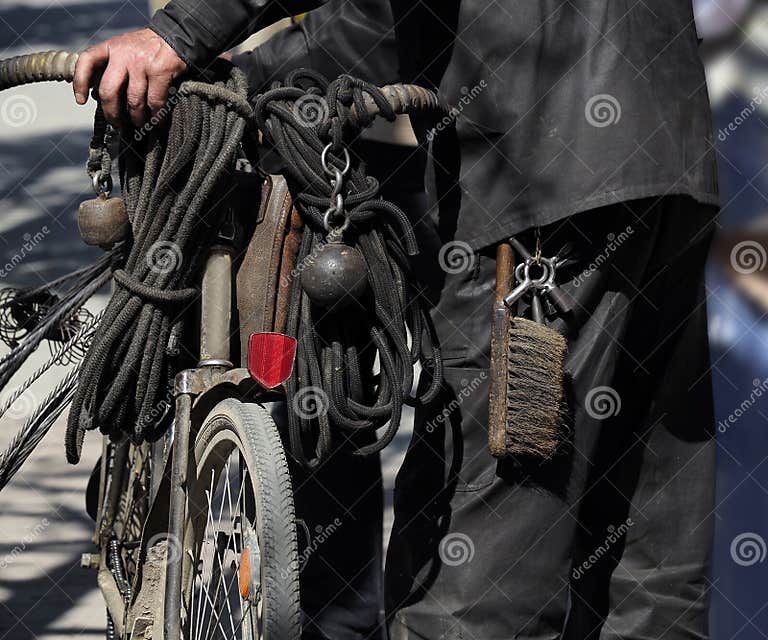 Chimney-sweep man tool stock image. Image of oven, rope - 114732385