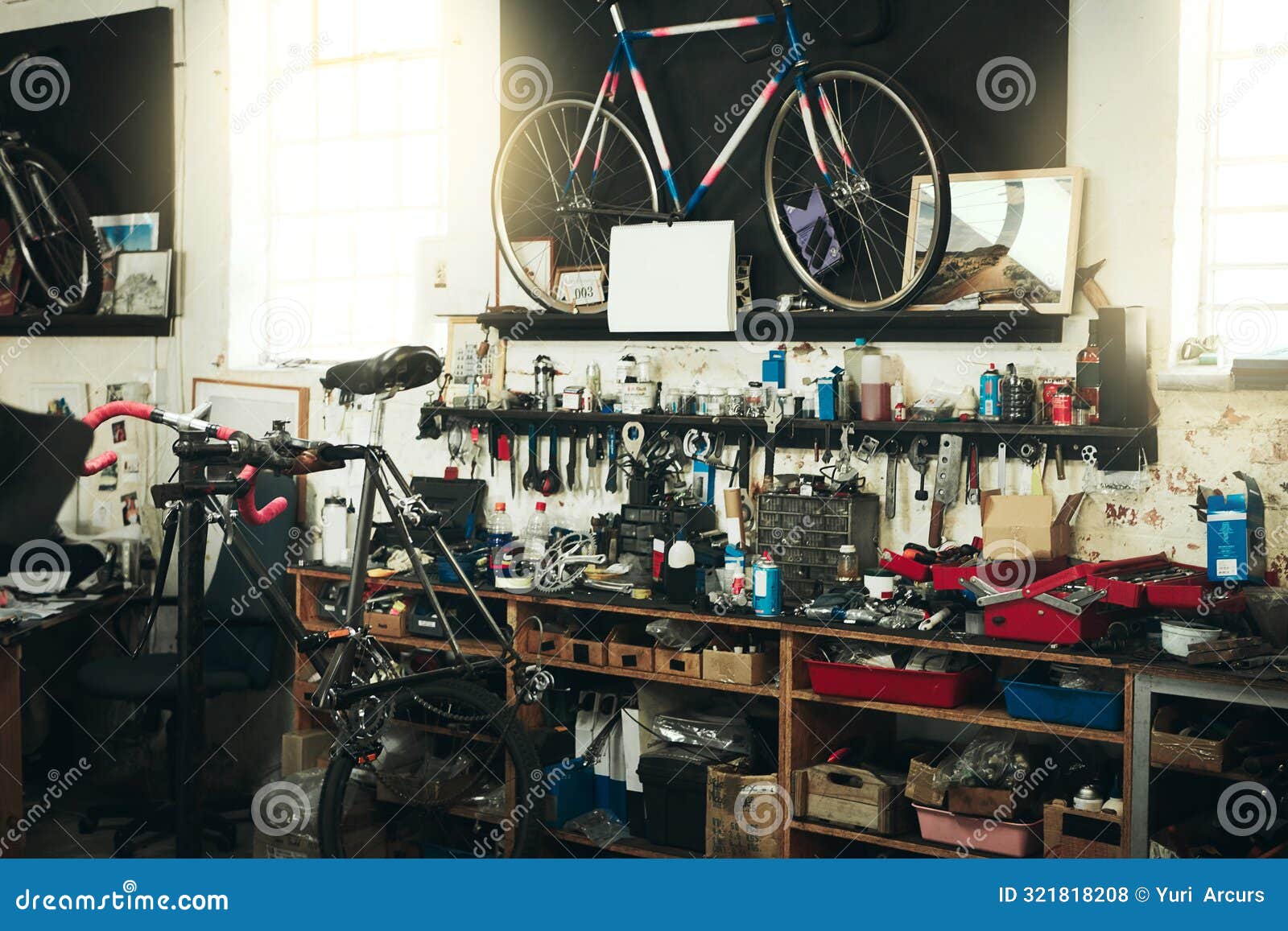 Bicycle, Workshop and Tools with Equipment for Mechanical Repair, Fix or Maintenance at Indoor ...