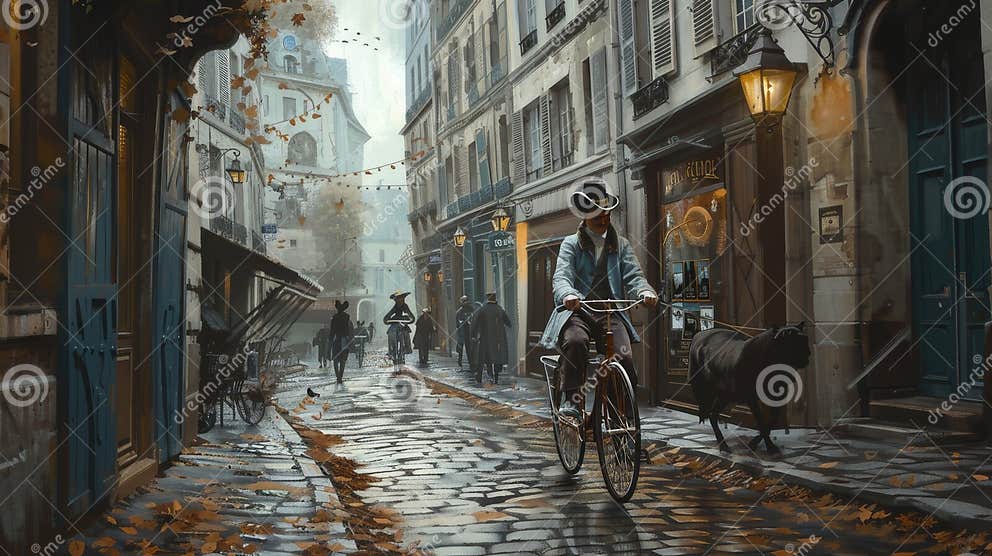 Bicyclist Navigating 18th Century Parisian Streets in Historical Urban ... Bicyclist Navigating 18th Century Parisian Streets in Historical Urban ...